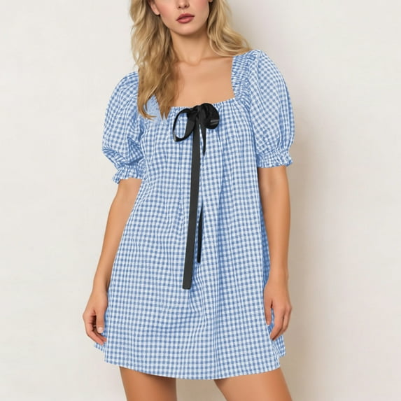 Avrnliq Light Blue Gingham Casual Shift Dress for Women - Square Neck ...