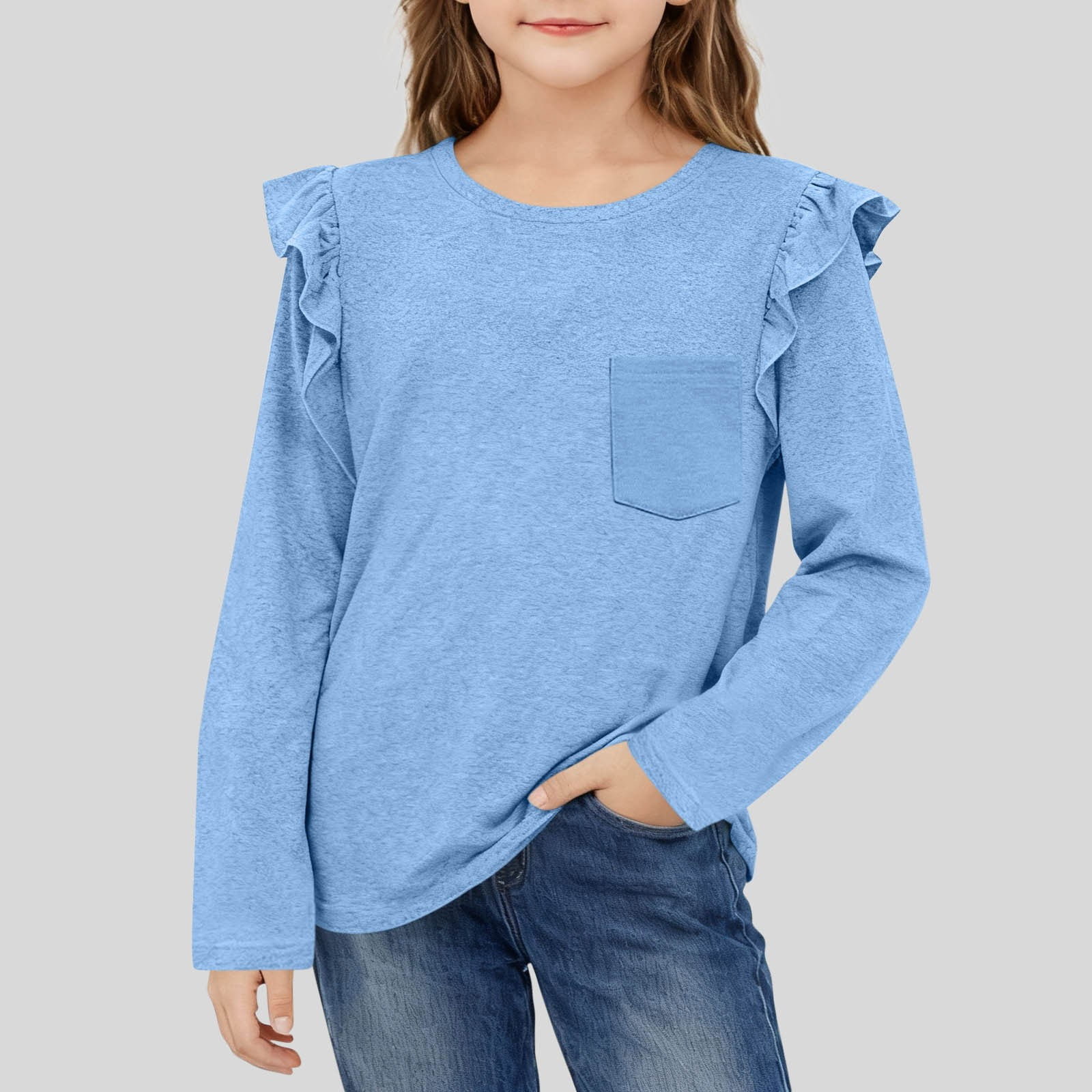Avrnliq Light Blue Girls Ruffled Heathered Long Sleeve Shirt, Crew Neck ...