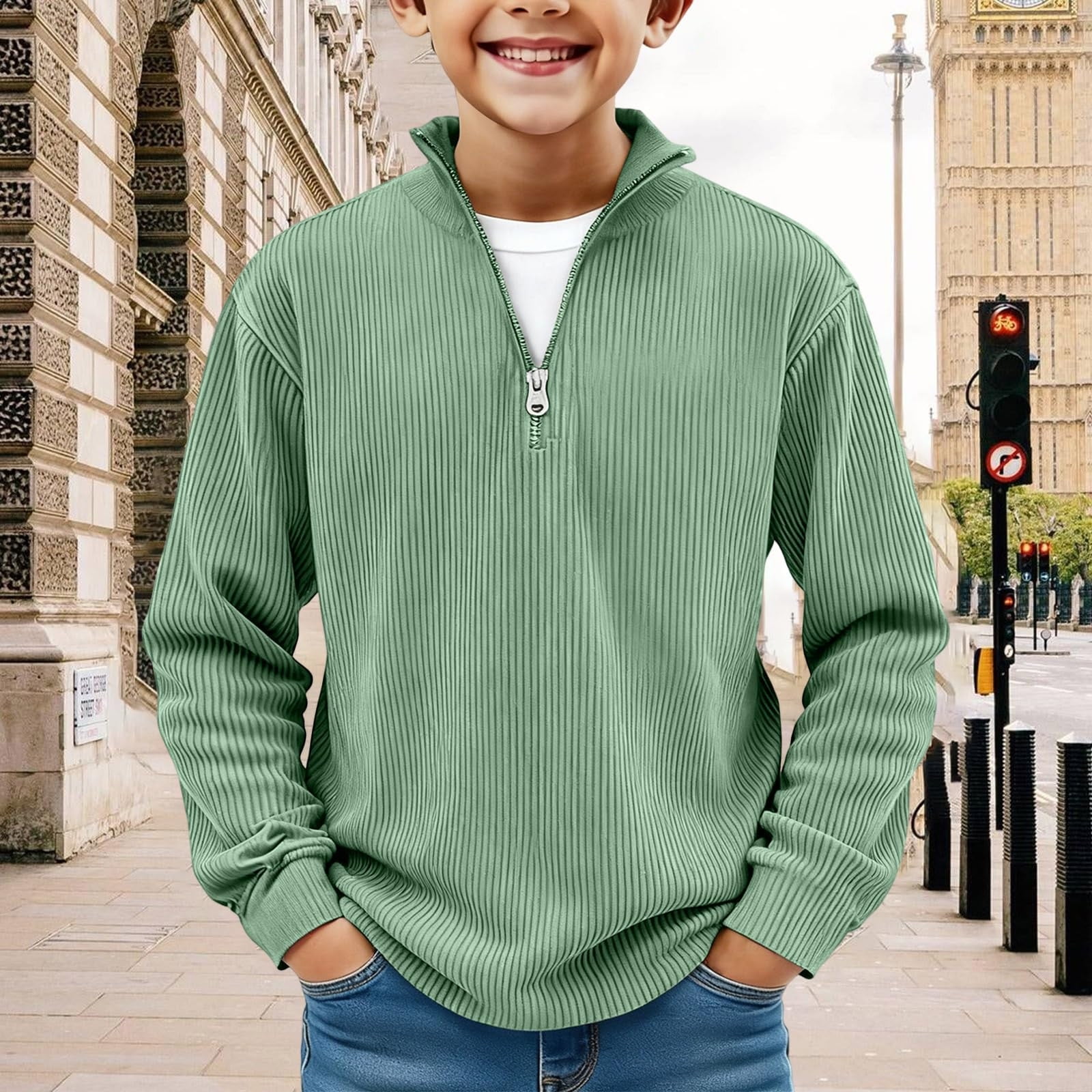 Avrnliq Mens Green Ribbed Quarter Zip Pullover, Mock Neck Long Sleeve ...