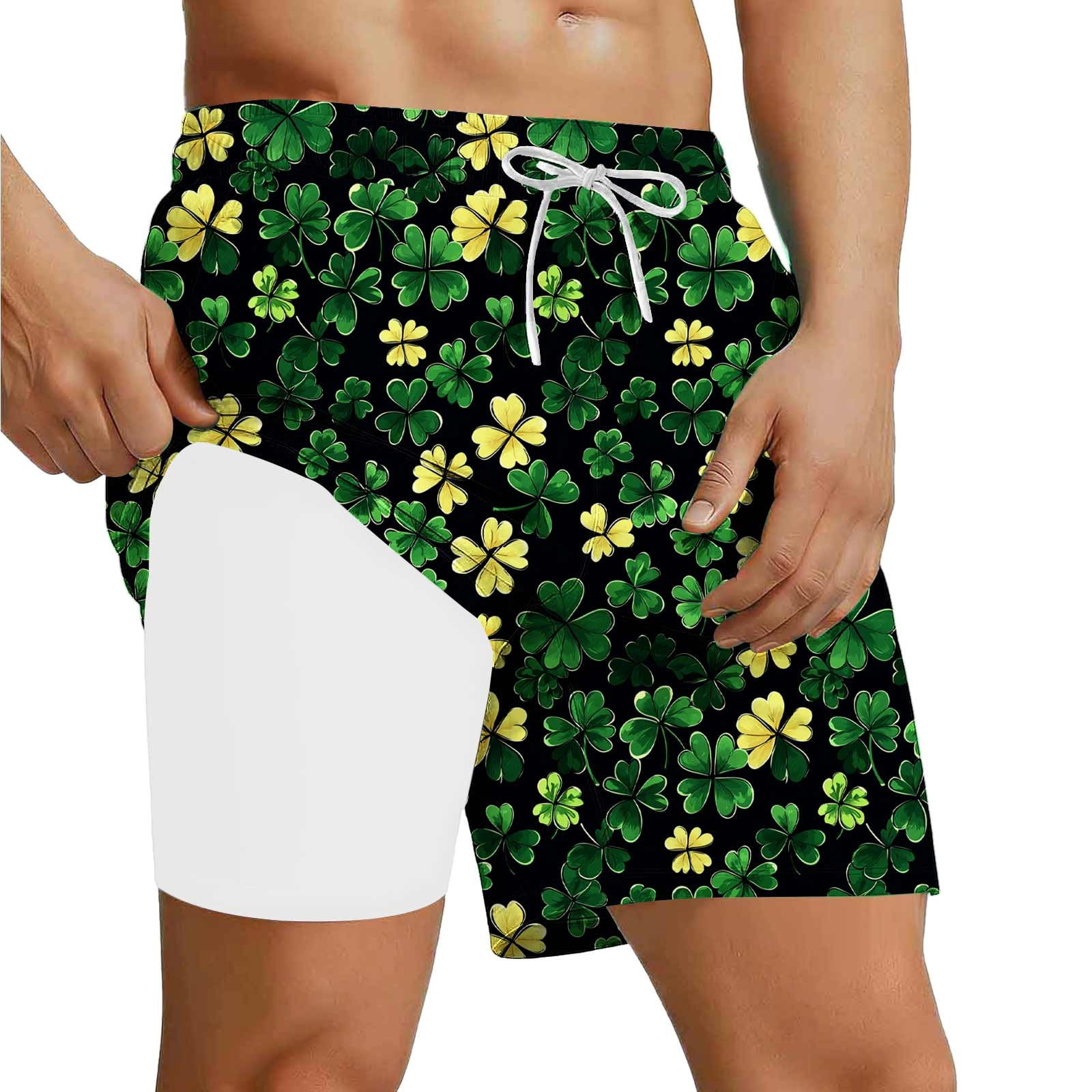 Avrnliq Mens Green St. Patrick's Day Shamrock Print Swim Trunks with ...