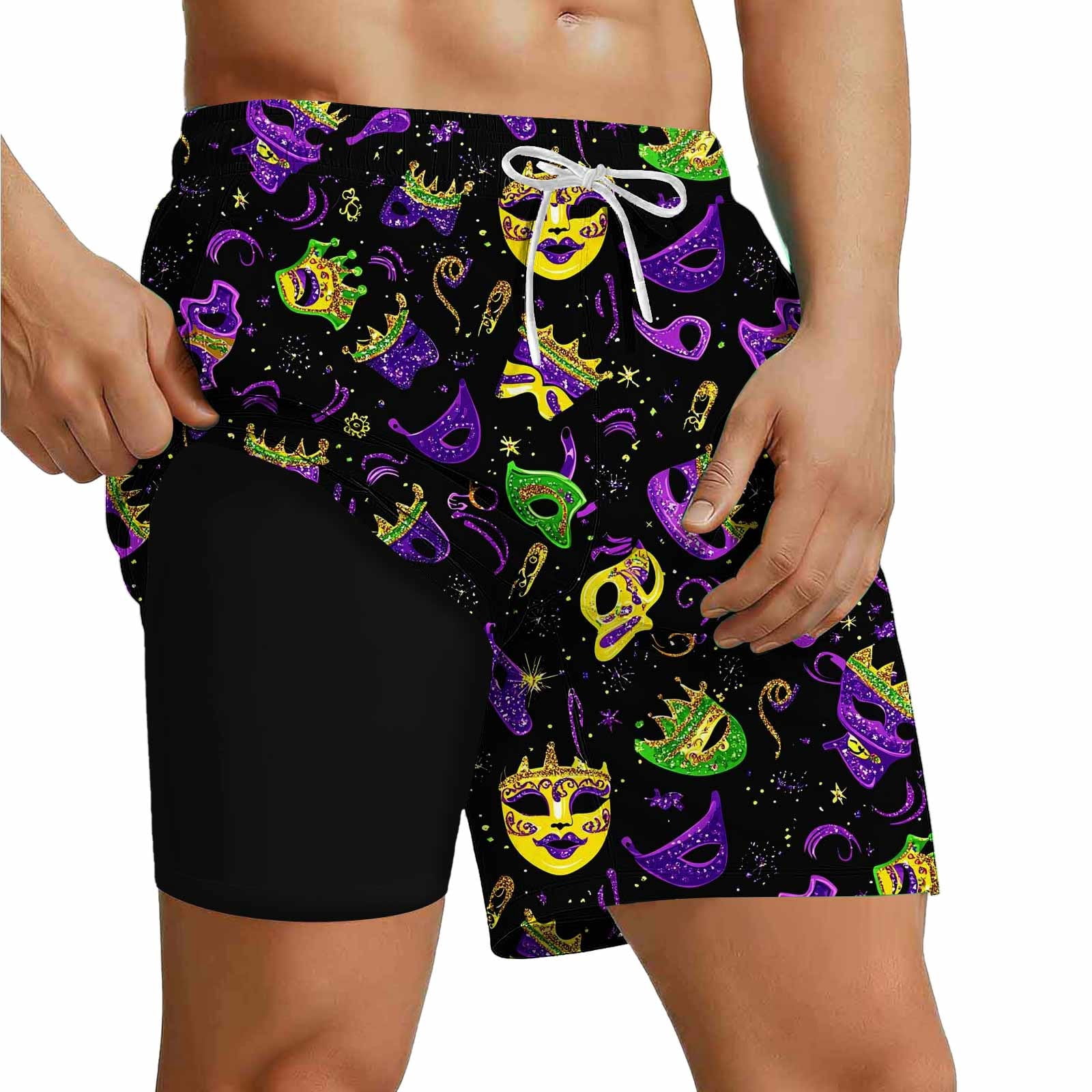 Avrnliq Mens Purple Mardi Gras 2-in-1 Quick Dry Swim Trunks with Built ...