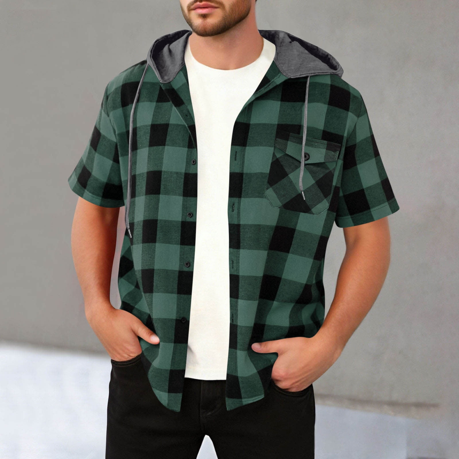 Avrnliq Mens Short Sleeve Army Green Buffalo Plaid Hooded Shirt, Button ...