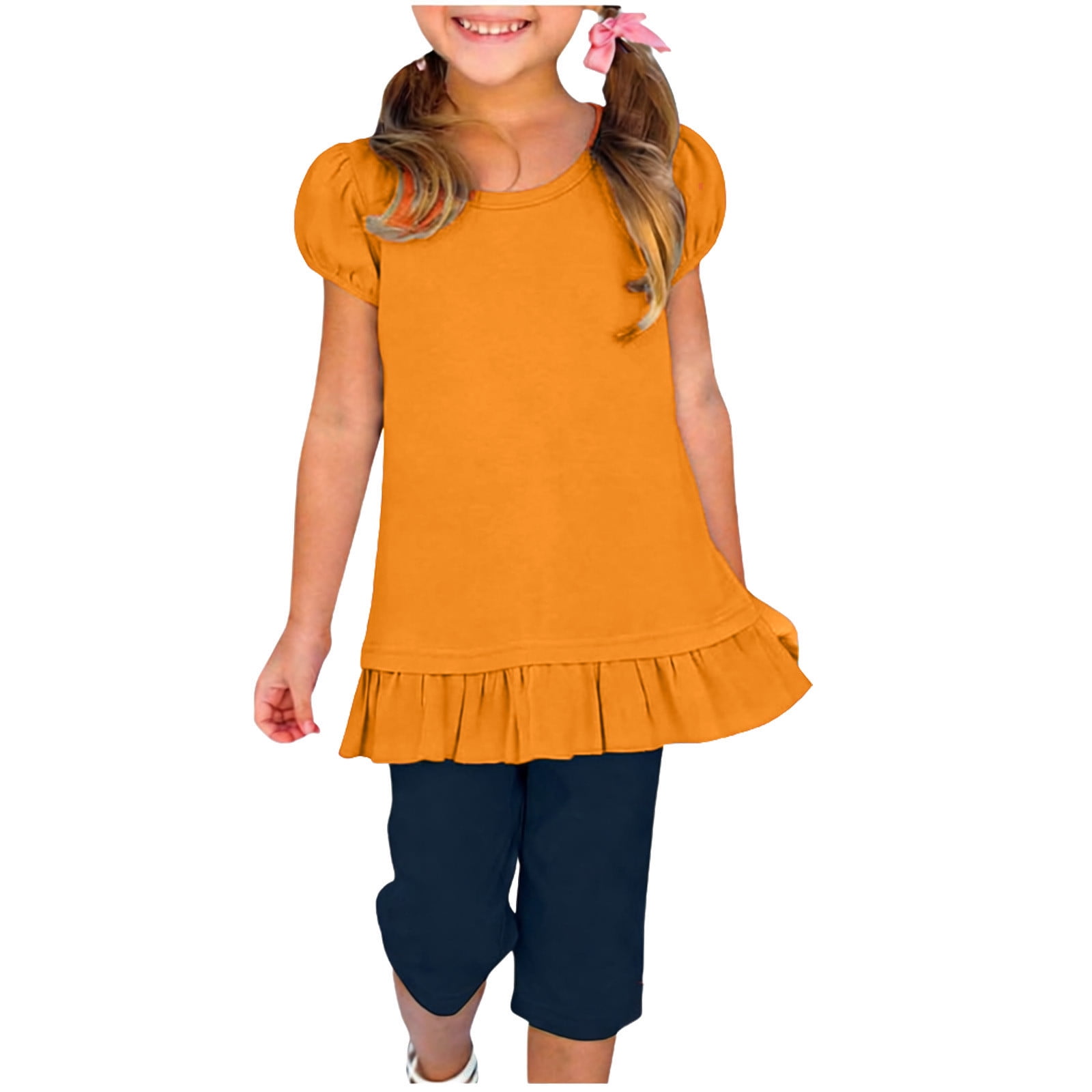 Avrnliq Orange Girls 100% Cotton Casual Top - Puff Short Sleeve Crew ...
