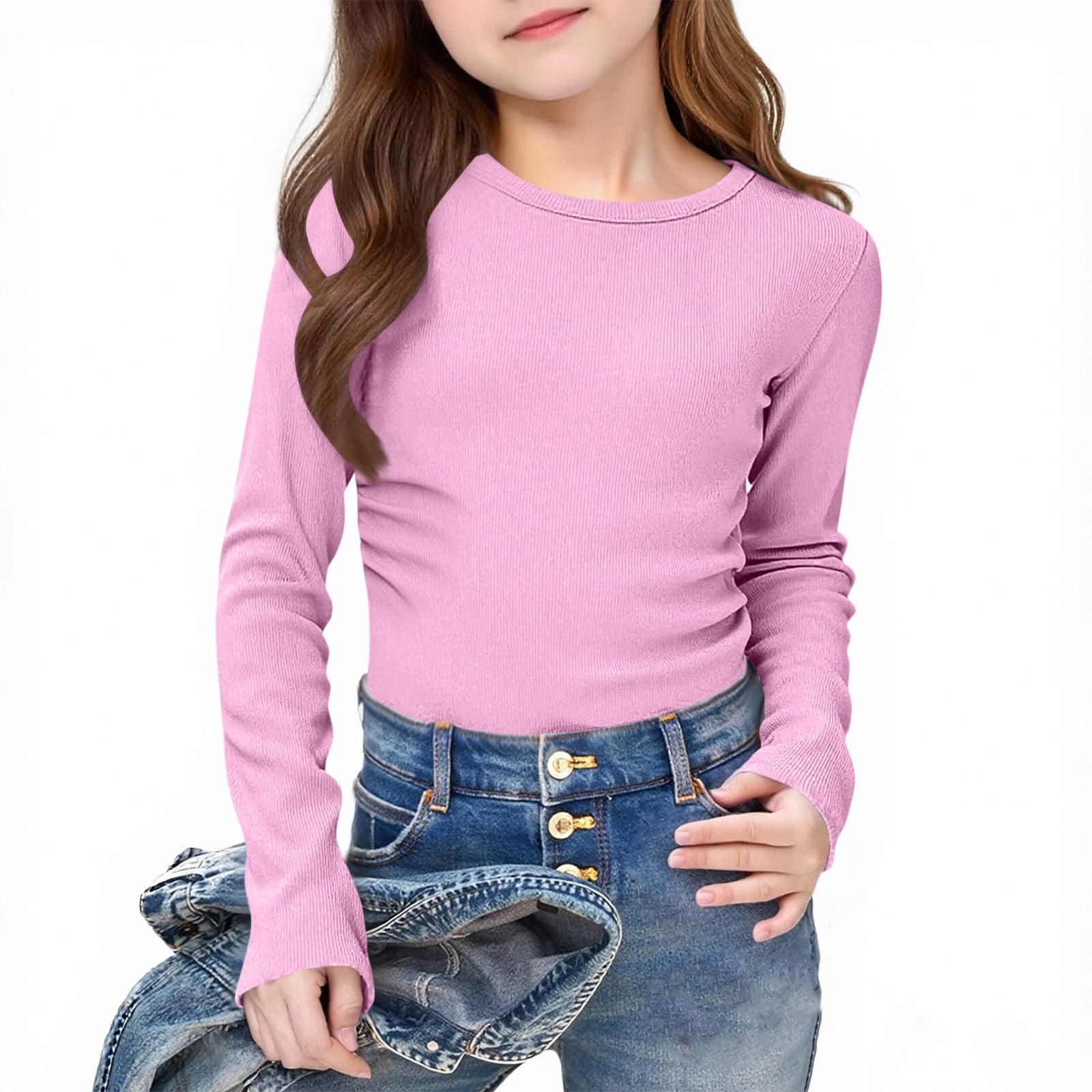 Avrnliq Pink Ribbed Girls Long Sleeve Crew Neck Top, Stretchy Polyester ...