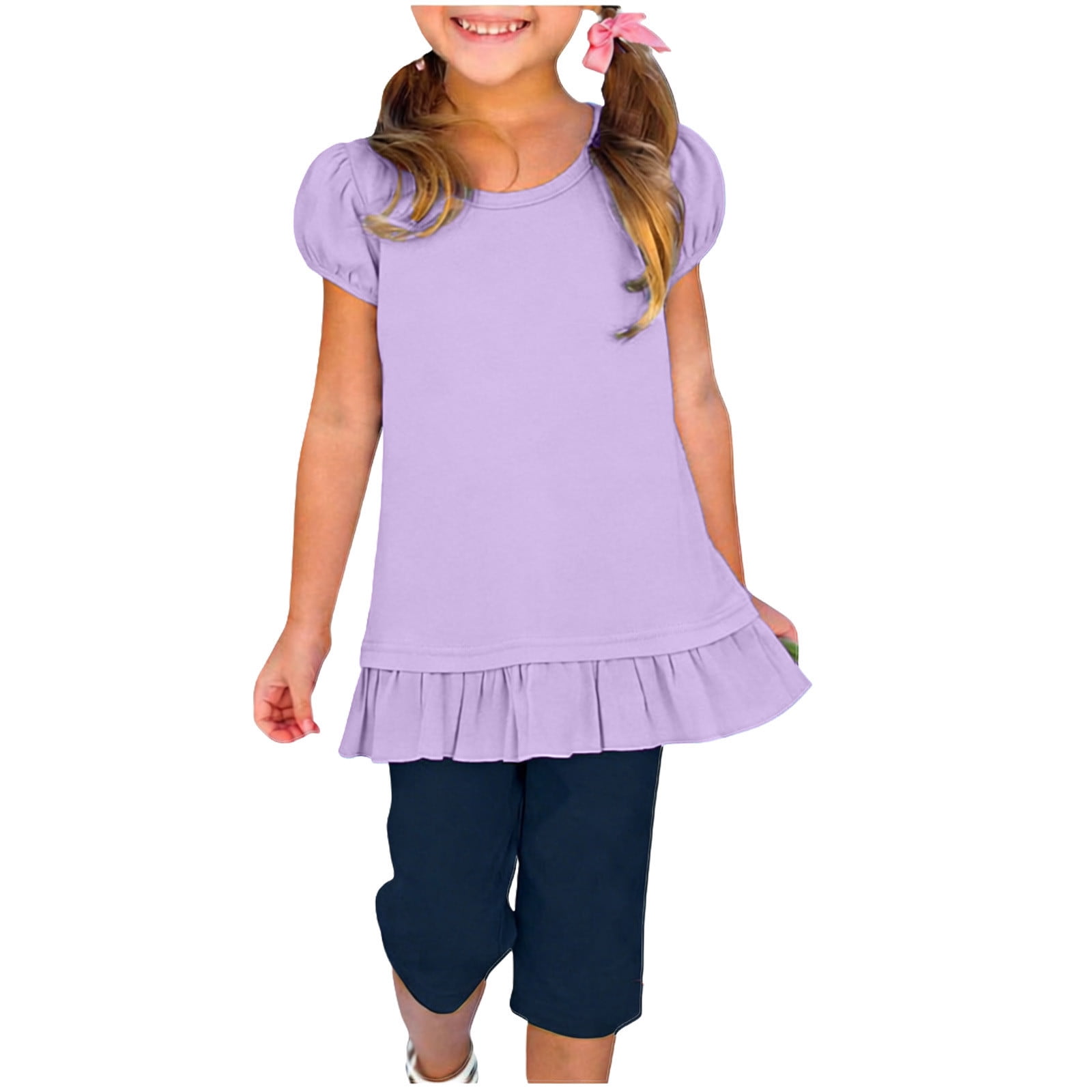 Avrnliq Purple Girls 100% Cotton Puff Sleeve Crew Neck Top Ruffle Hem ...