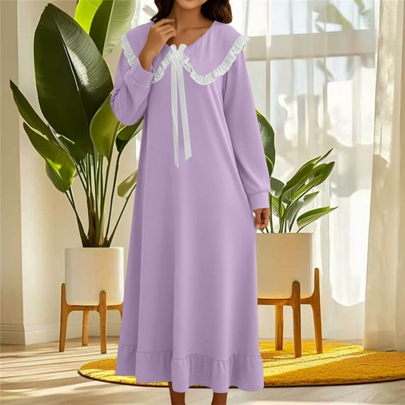 Avrnliq Purple Womens Long Sleeve Floor Length Nightgown, Peter Pan ...