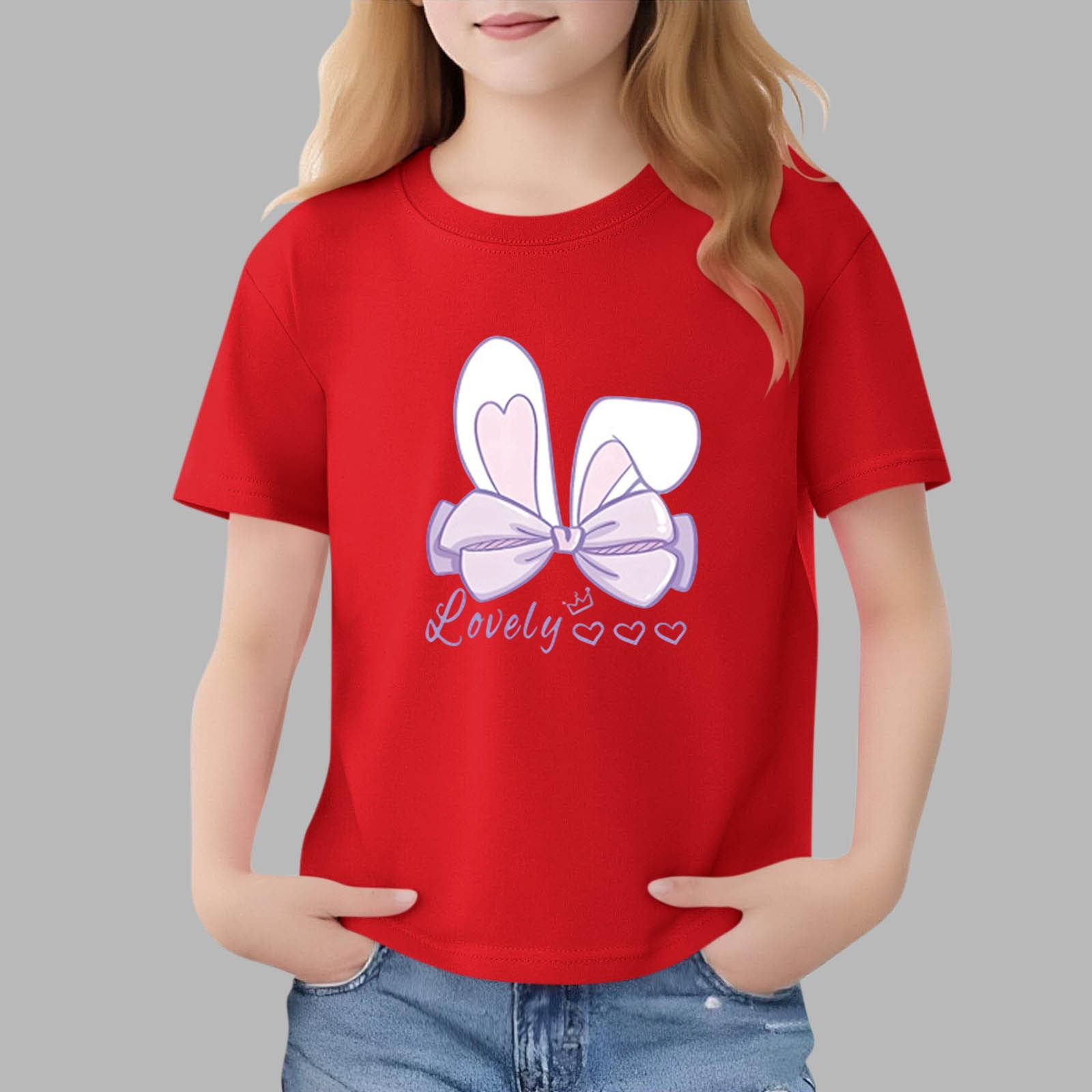Avrnliq Red Girls' Bunny Bow Graphic Cotton T-Shirt, Short Sleeve Crew ...