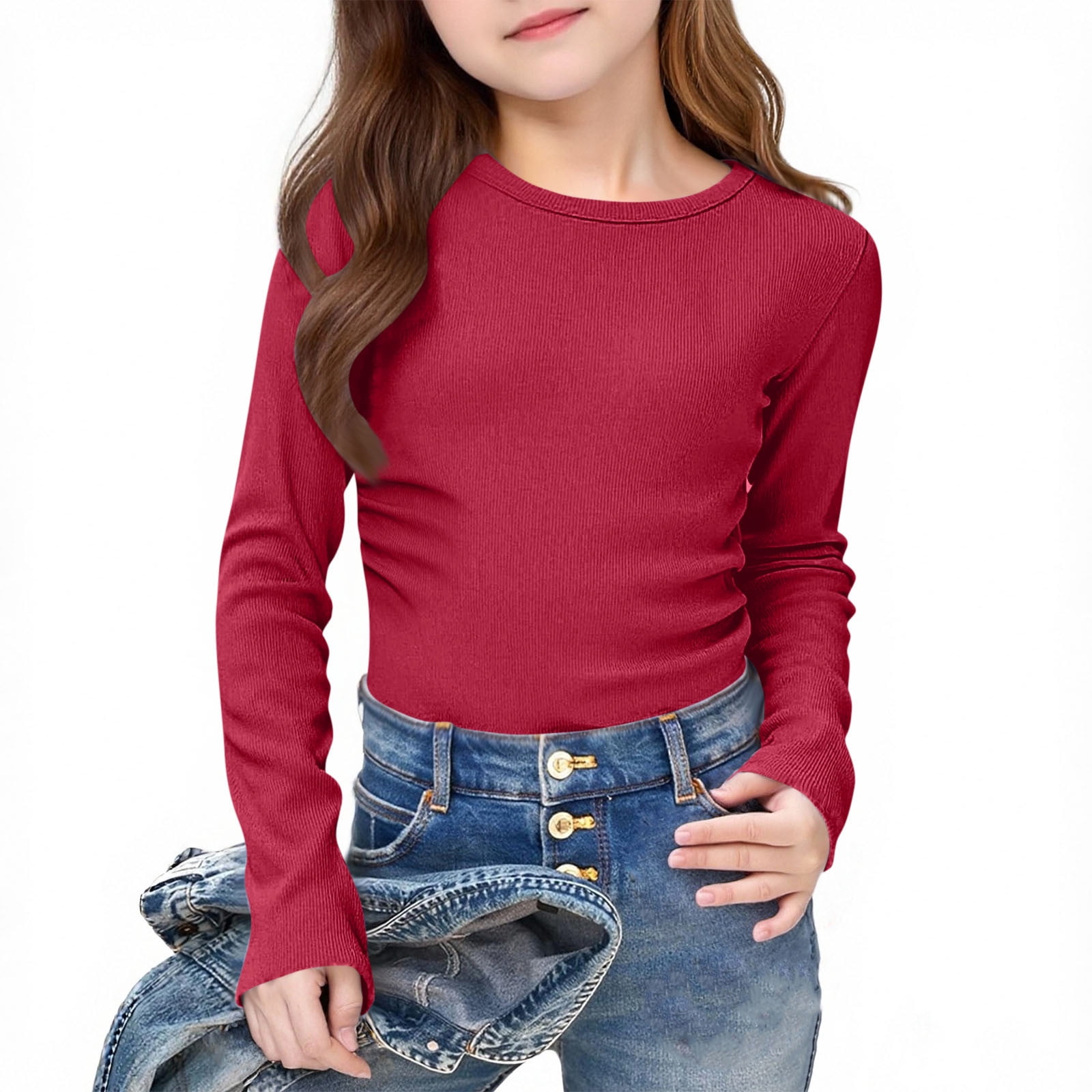 Avrnliq Ribbed Red Girls Long Sleeve Crew Neck Top, Stretchy Polyester ...