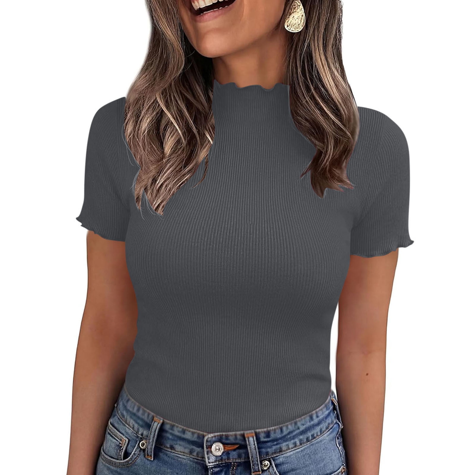 Avrnliq Stretchy Ribbed Knit Mock Neck Blouse for Women Short Sleeve ...
