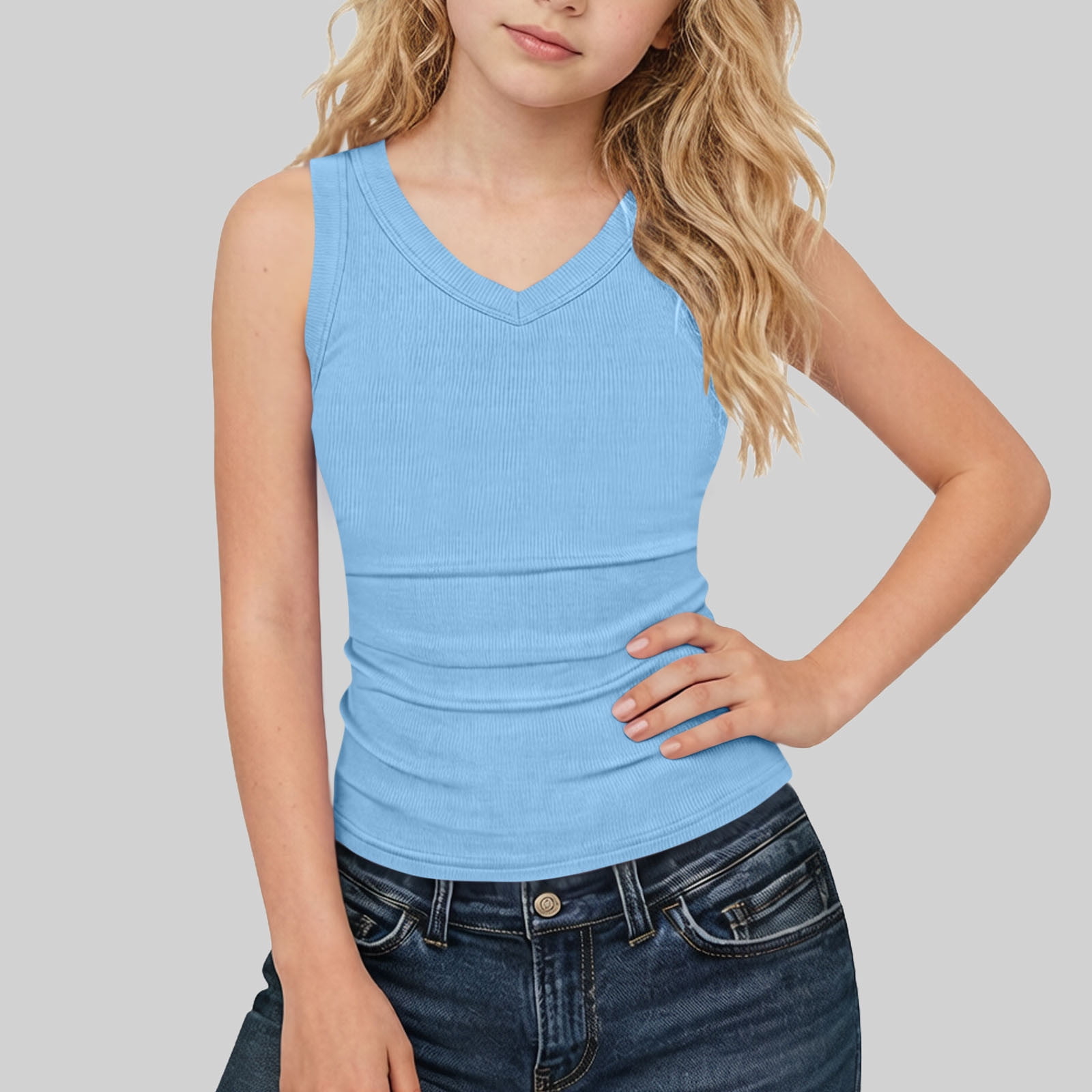 Avrnliq Stretchy Ribbed Knit Top for Girls 5-6 Years V-Neck Sleeveless ...