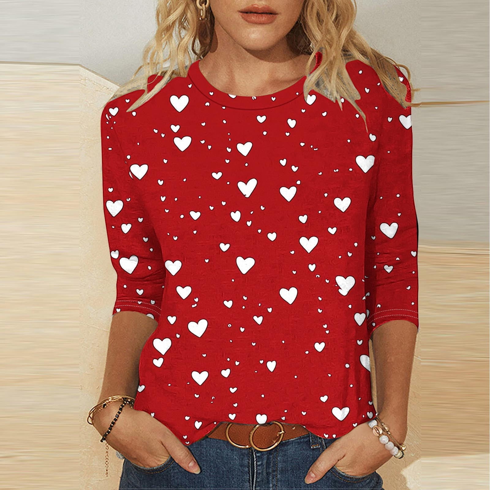 Avrnliq Valentine Womens Red Heart Print Blouse - Stretch Polyester ...