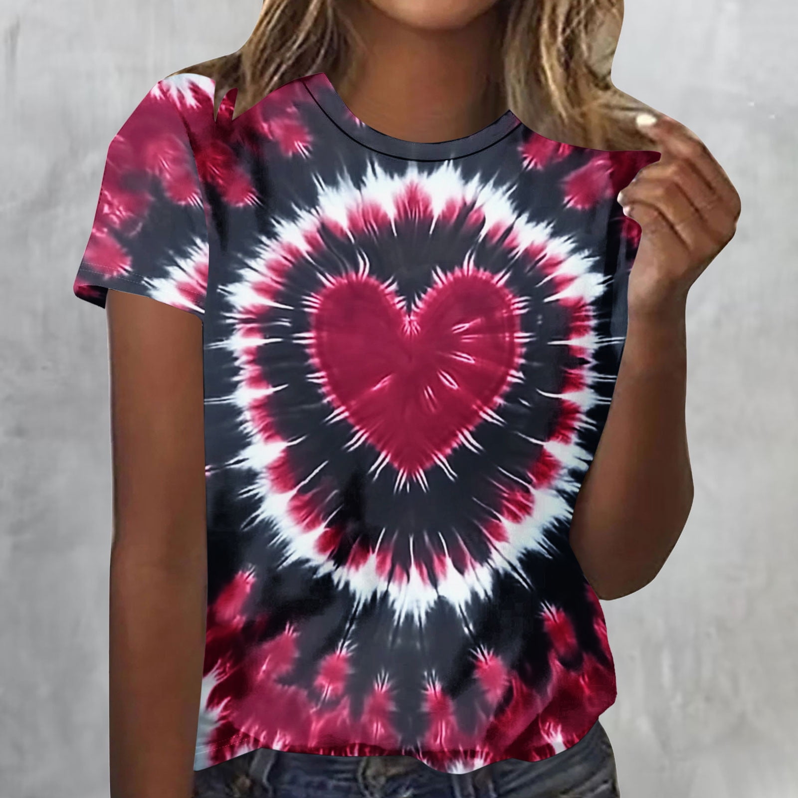 Avrnliq Valentine Womens Wine Tie-Dye Heart Print Top - Stretchy ...