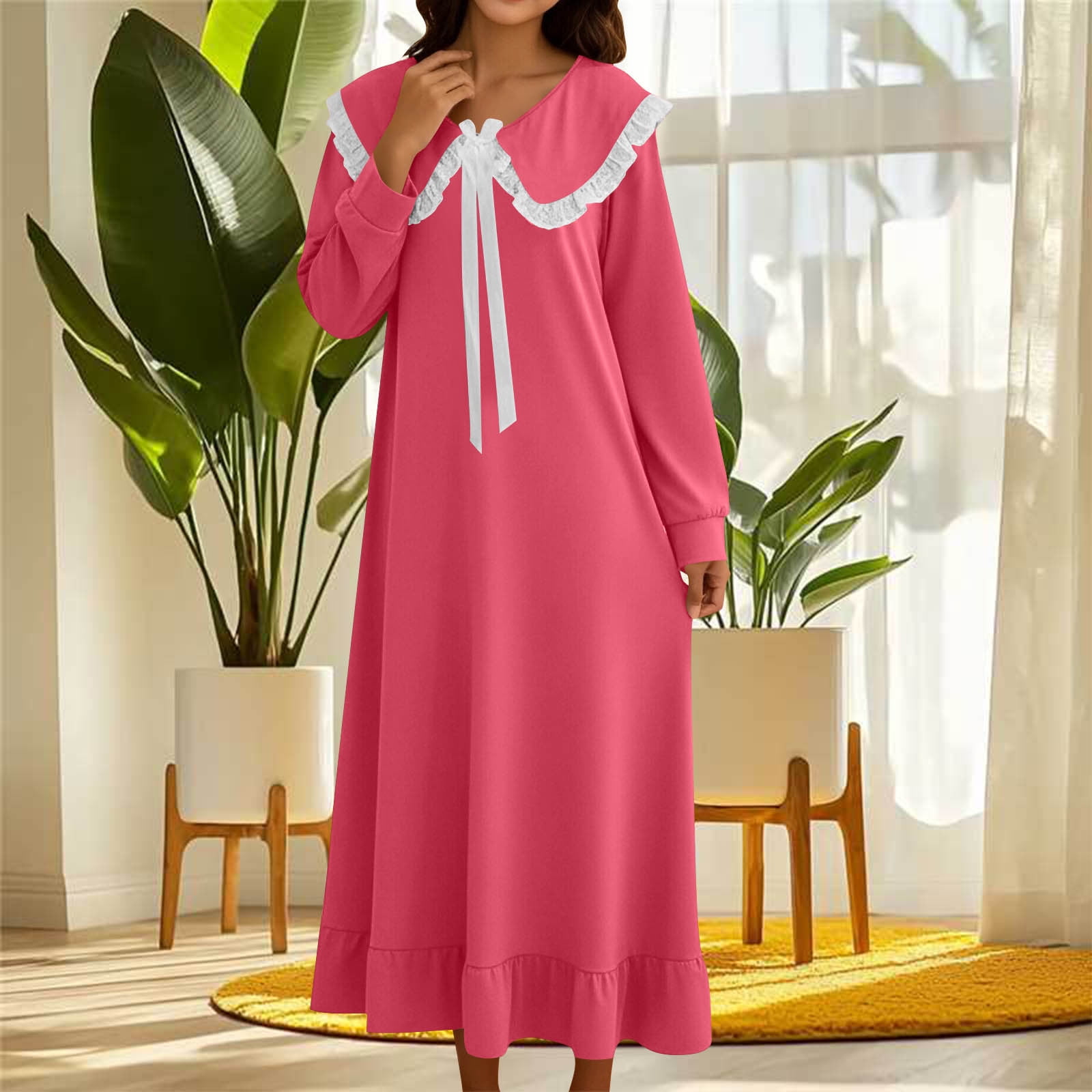 Avrnliq Watermelon Red Womens Long Sleeve Nightgown, Peter Pan Collar ...