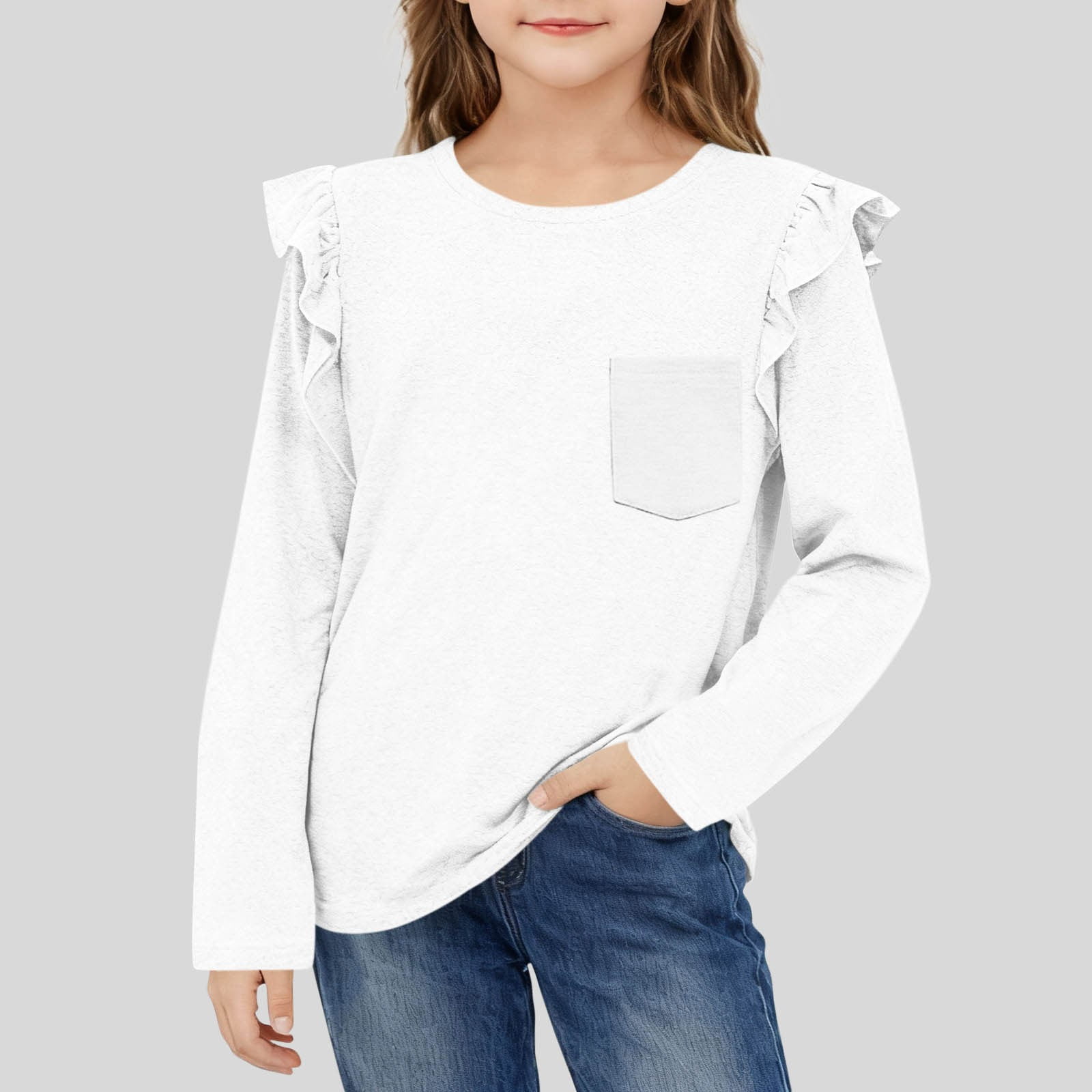 Avrnliq White Girls Ruffled Long Sleeve Crew Neck Shirt Would you need ...