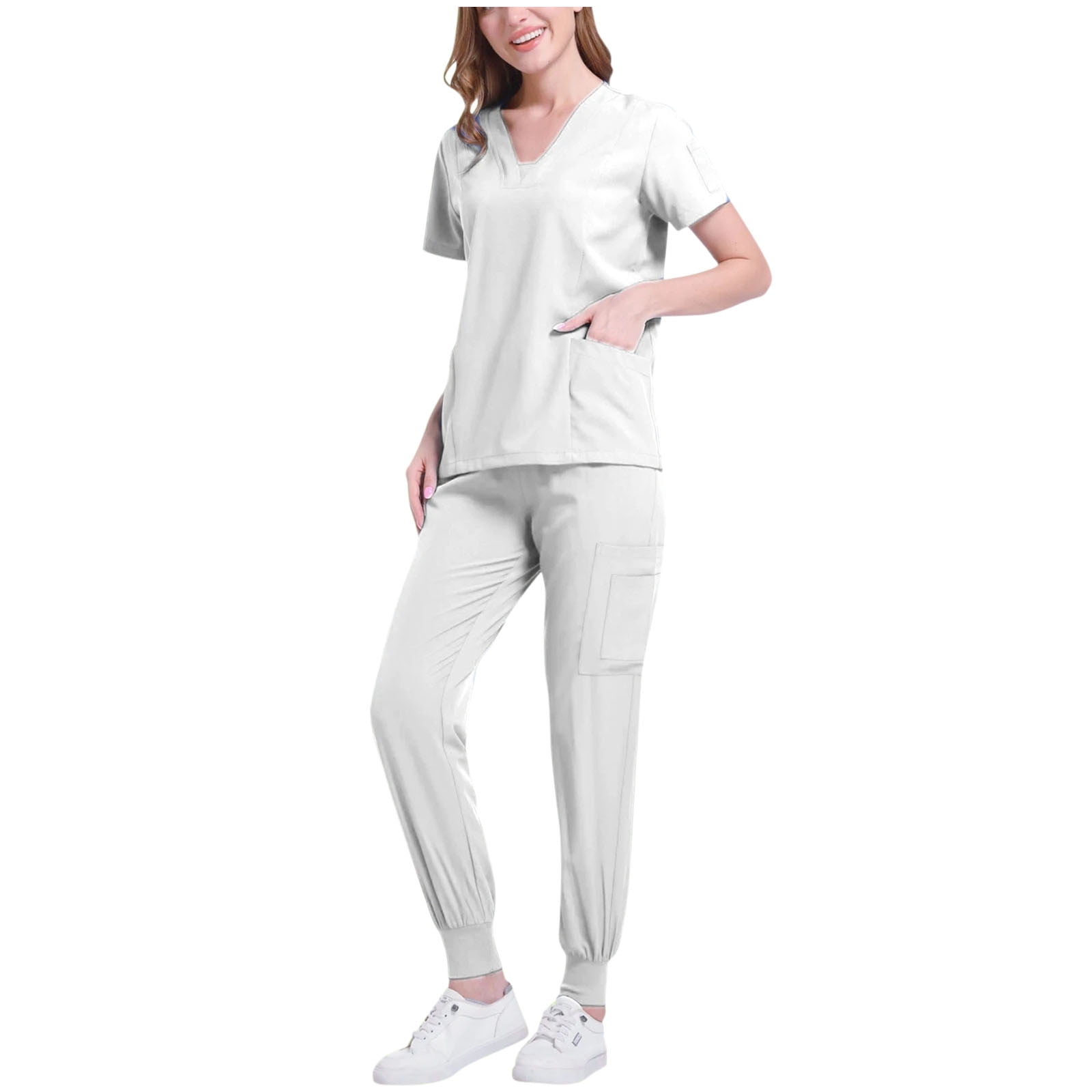 Avrnliq White Womens Nurse Scrubs Set, Medical Uniform V Neck Short ...
