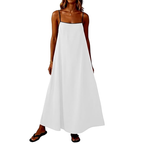 Avrnliq Women White Flowy Spaghetti Strap Maxi Dress Square Neck A-Line ...