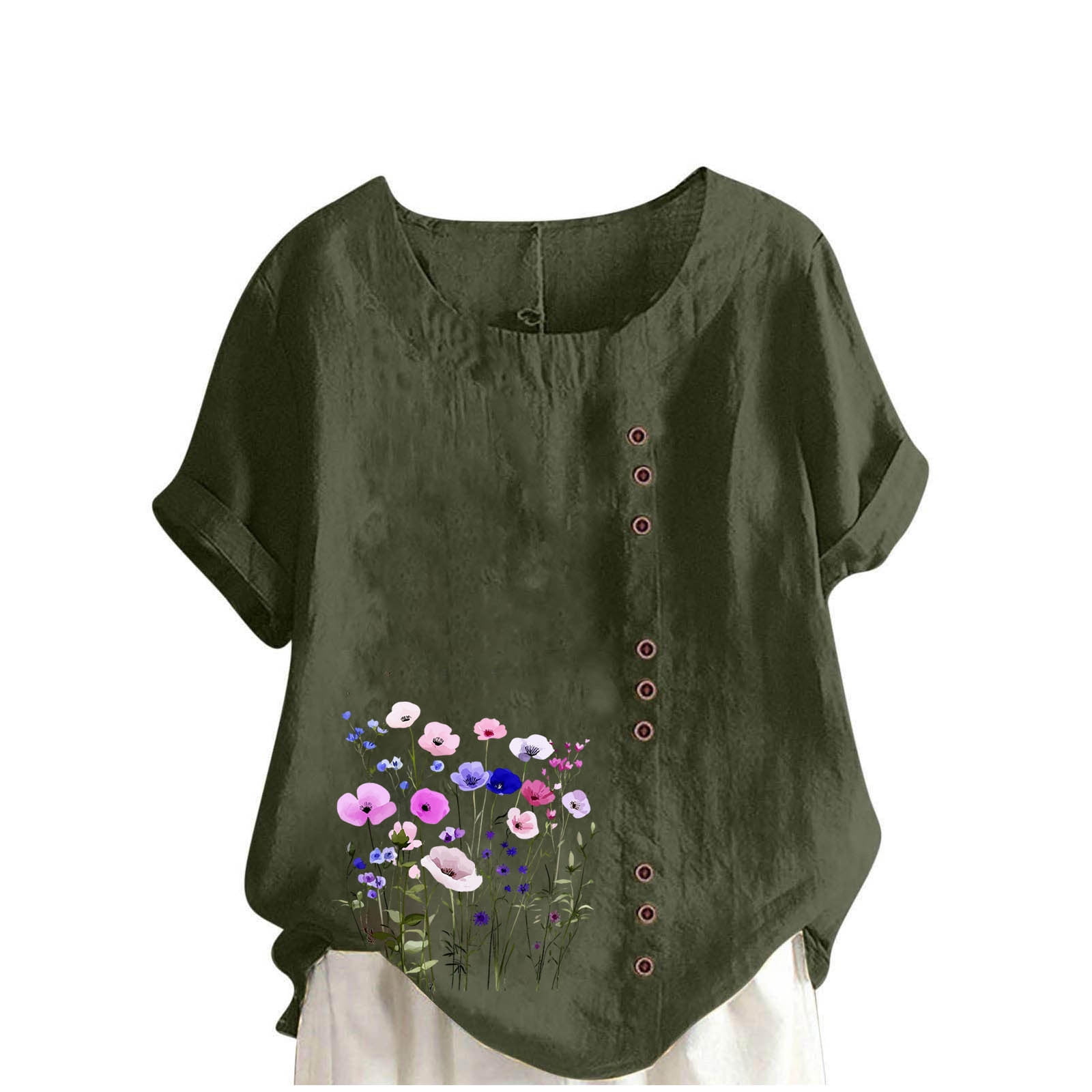 Avrnliq Womens Army Green Floral Print Blouse Short Sleeve Loose Fit ...