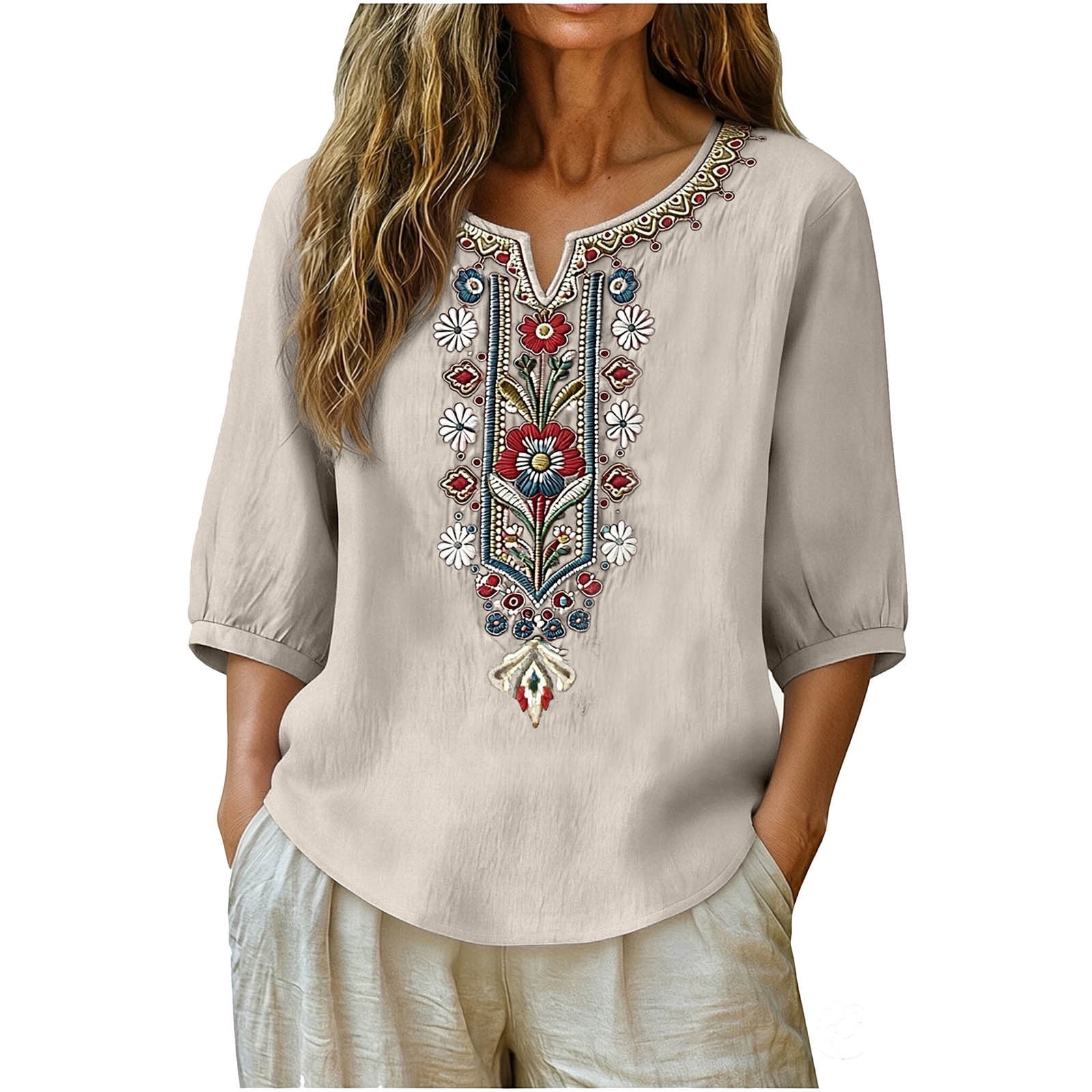 Avrnliq Womens Beige Boho Floral Embroidered Blouse, Linen Cotton Blend ...
