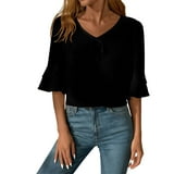 Avrnliq Womens Black Cotton V-Neck Blouse with Ruffle Bell Sleeves ...