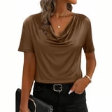 Avrnliq Womens Coffee Cowl Neck Short Sleeve Top - Stretch Casual ...