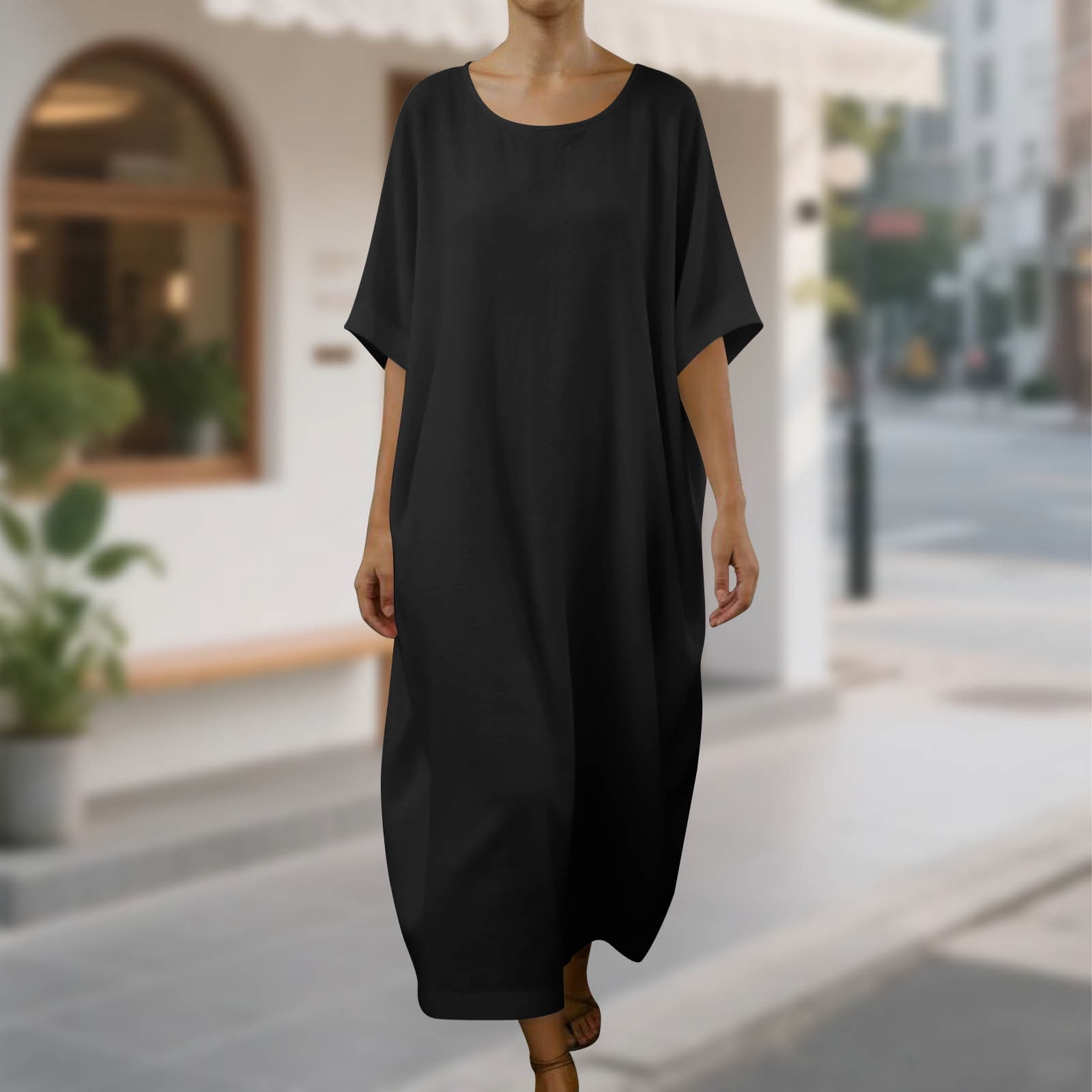 Avrnliq Womens Cotton Linen Oversized Dress - Short Sleeve Round Neck ...