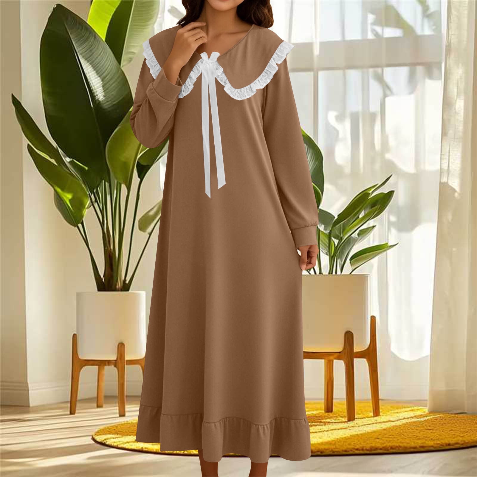 Avrnliq Womens Floor Length Long Sleeve Nightgown, Peter Pan Collar ...
