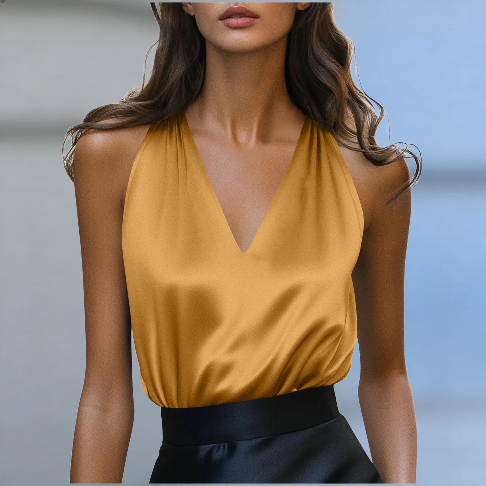 Avrnliq Womens Gold Satin Halter V-Neck Sleeveless Top, Semi-Fitted ...