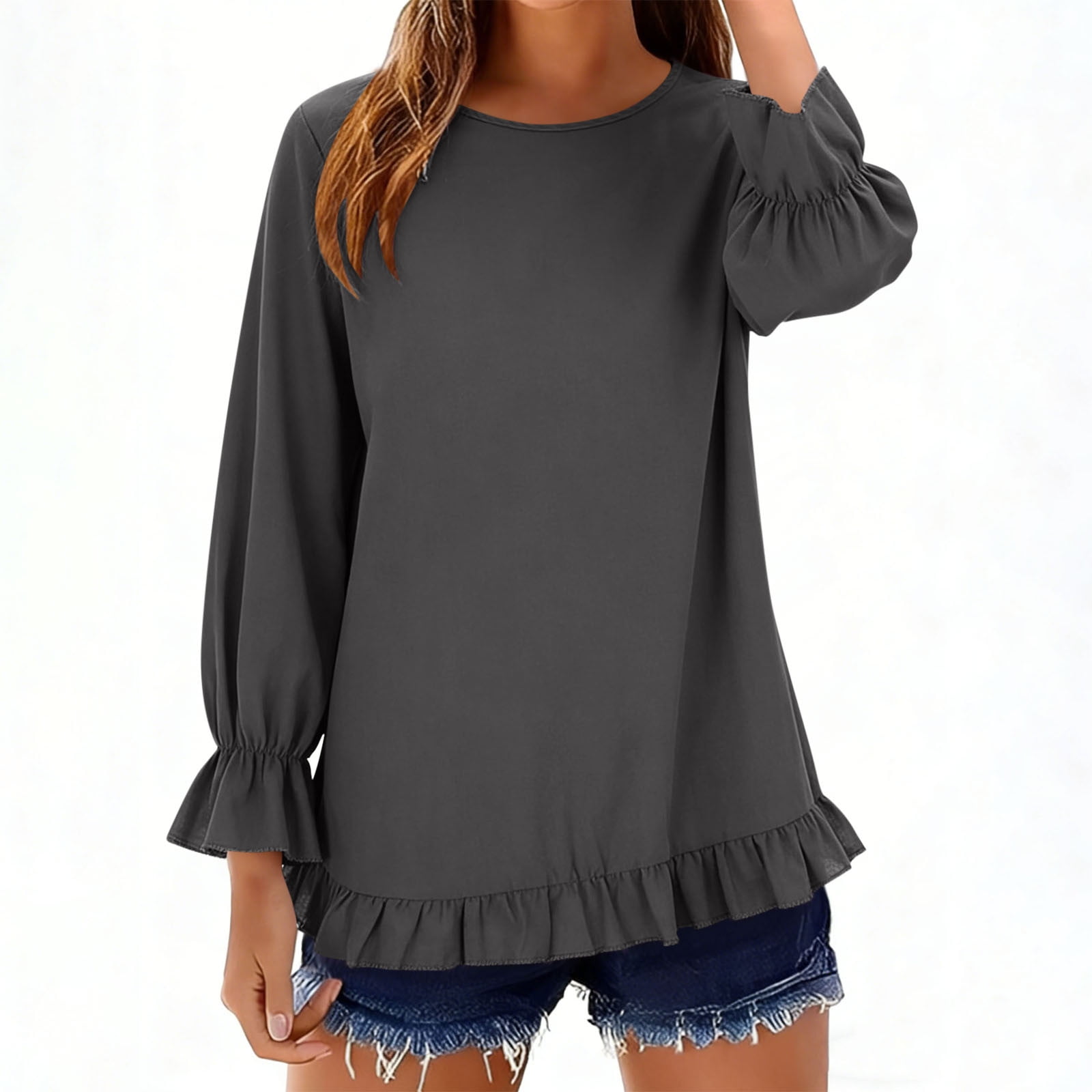 Avrnliq Womens Gray Puff Sleeve Blouse, Relaxed Fit Round Neck Ruffled ...
