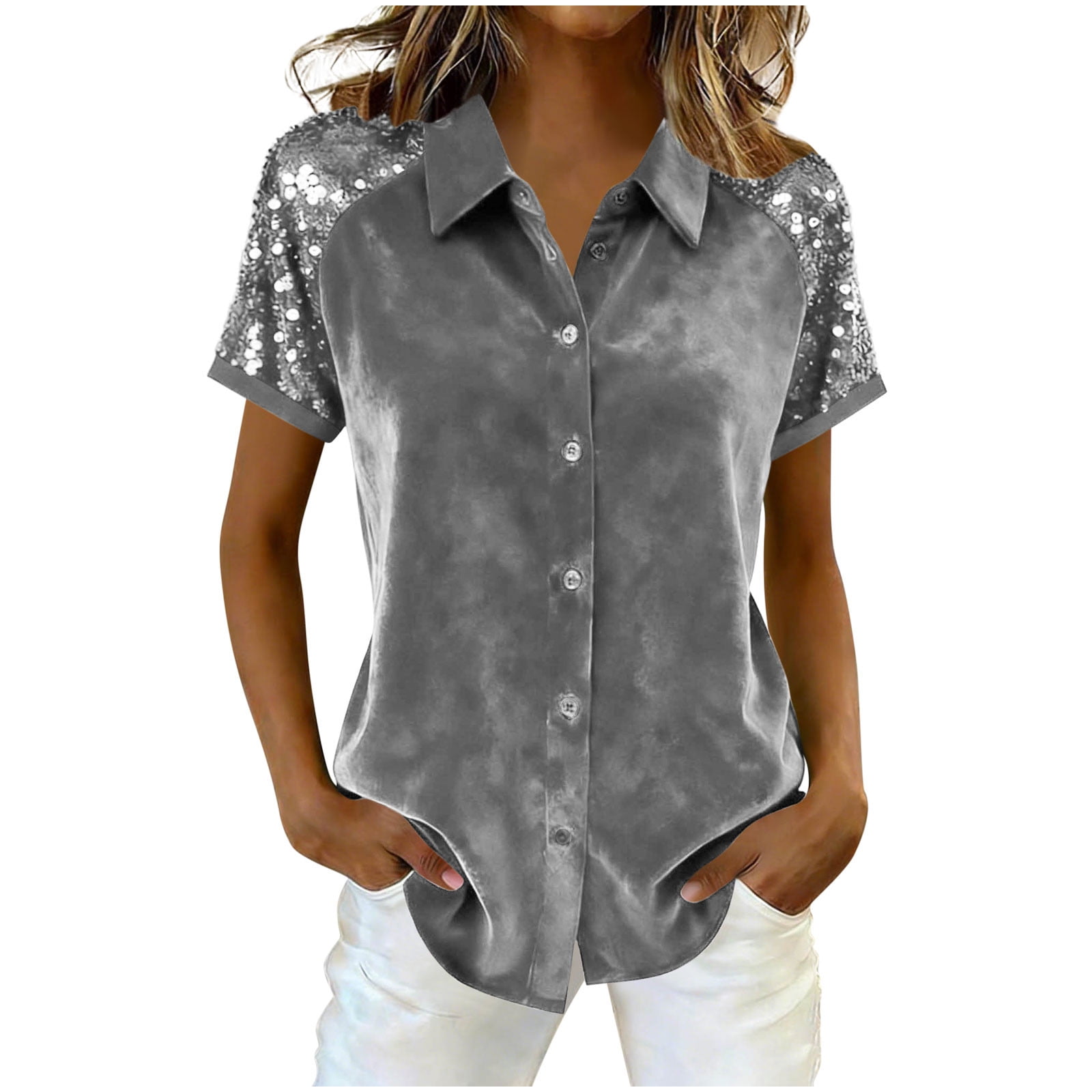 Avrnliq Womens Gray Sparkly Top Short Sleeve Sequin Blouse Velvet ...