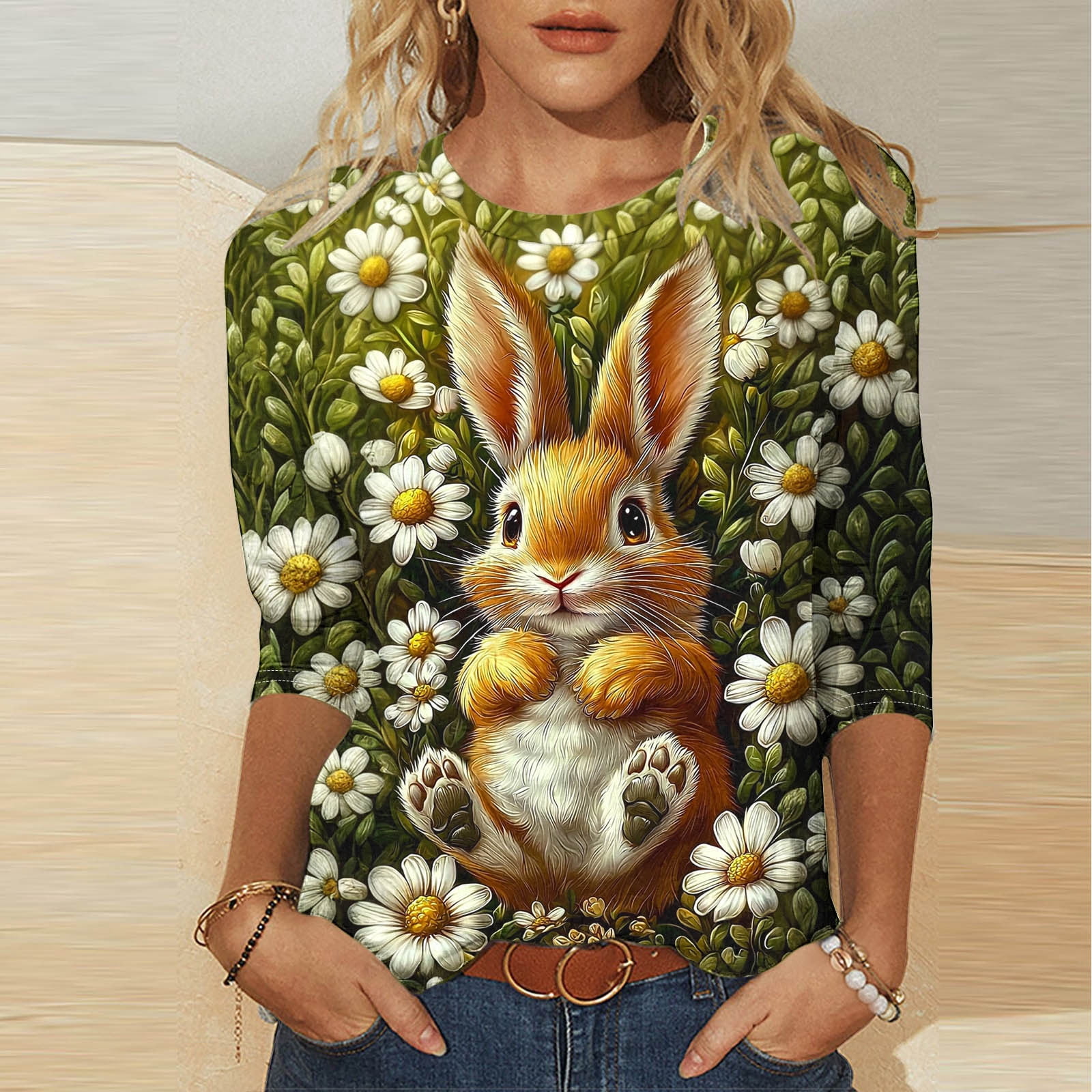 Avrnliq Womens Green Floral Rabbit Print Short Sleeve Graphic Tee Round ...