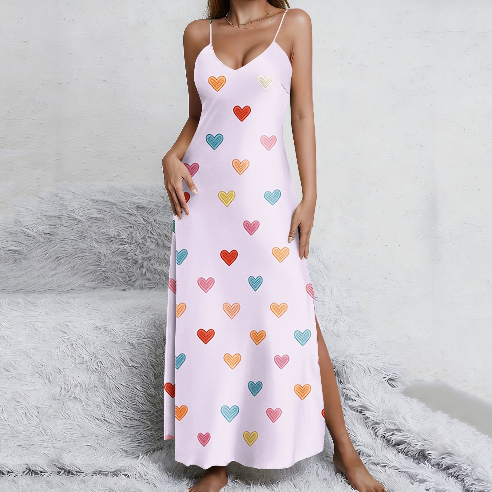 Avrnliq Womens Heart Print Spaghetti Strap V-Neck High Side Slit Flowy ...