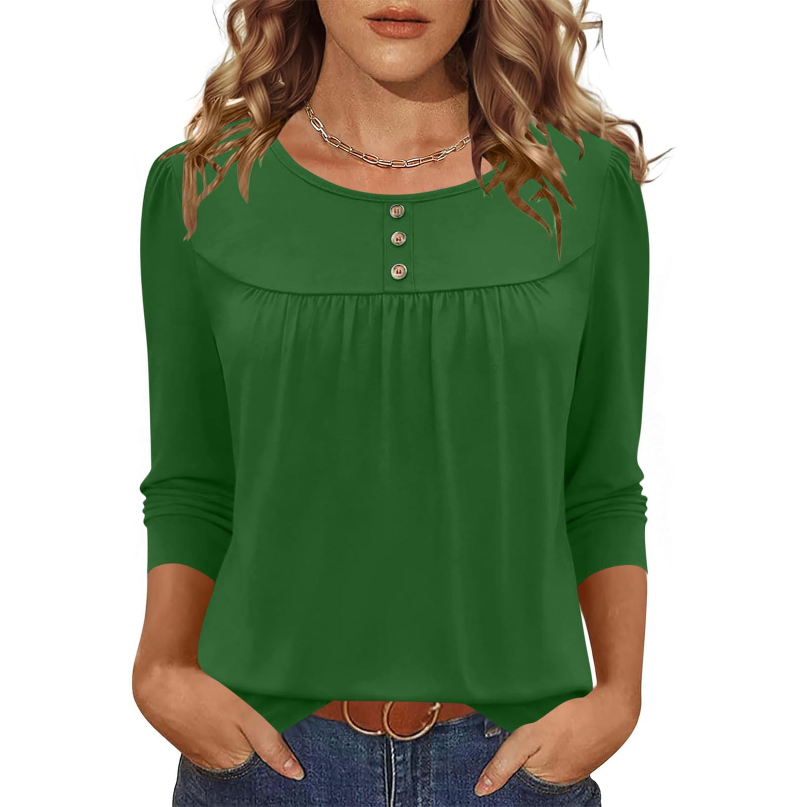 Avrnliq Womens Henley Neck Blouse Green 3/4 Sleeve Top with Ruched ...