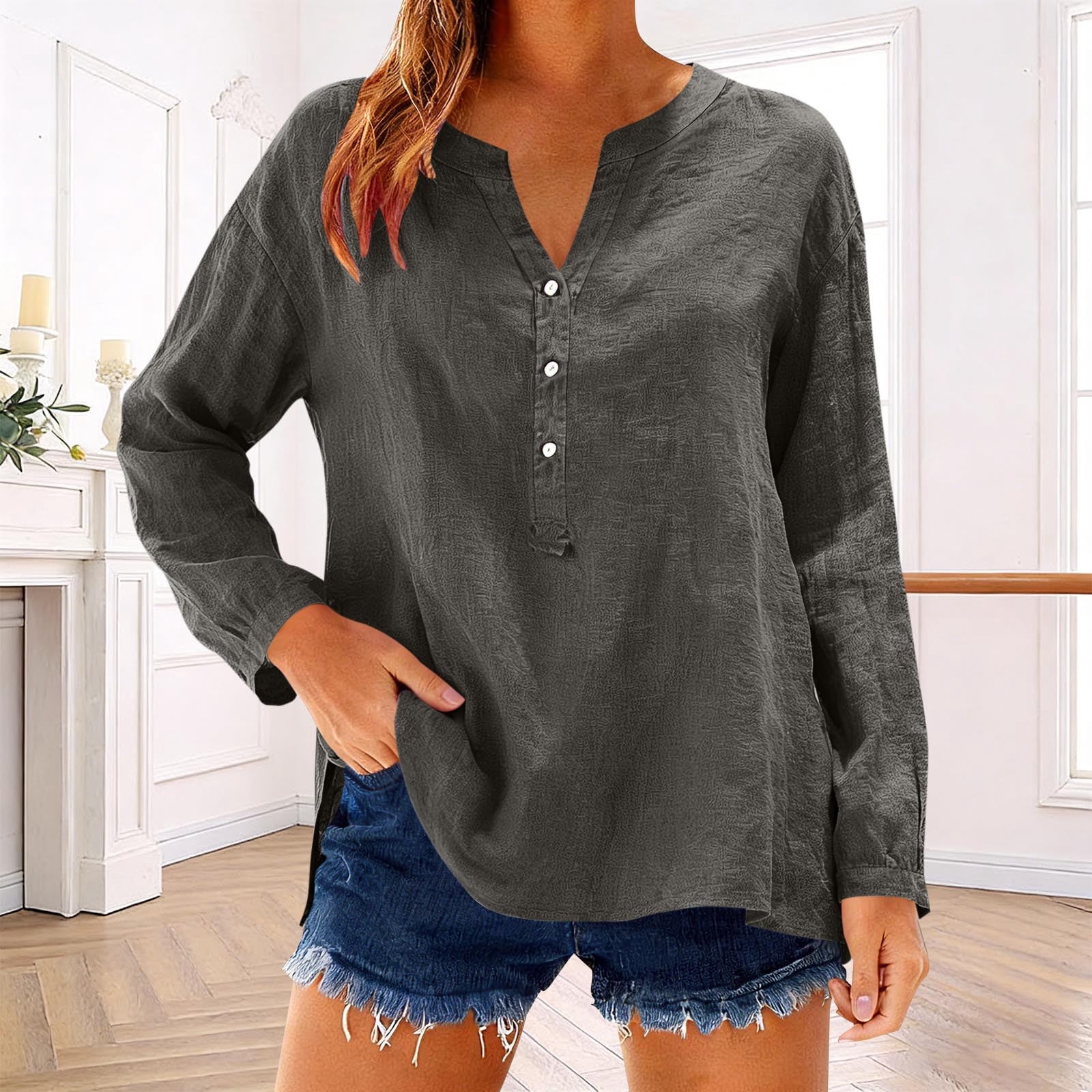 Avrnliq Womens Henley Tunic Top - Gray Long Sleeve Casual Shirt ...