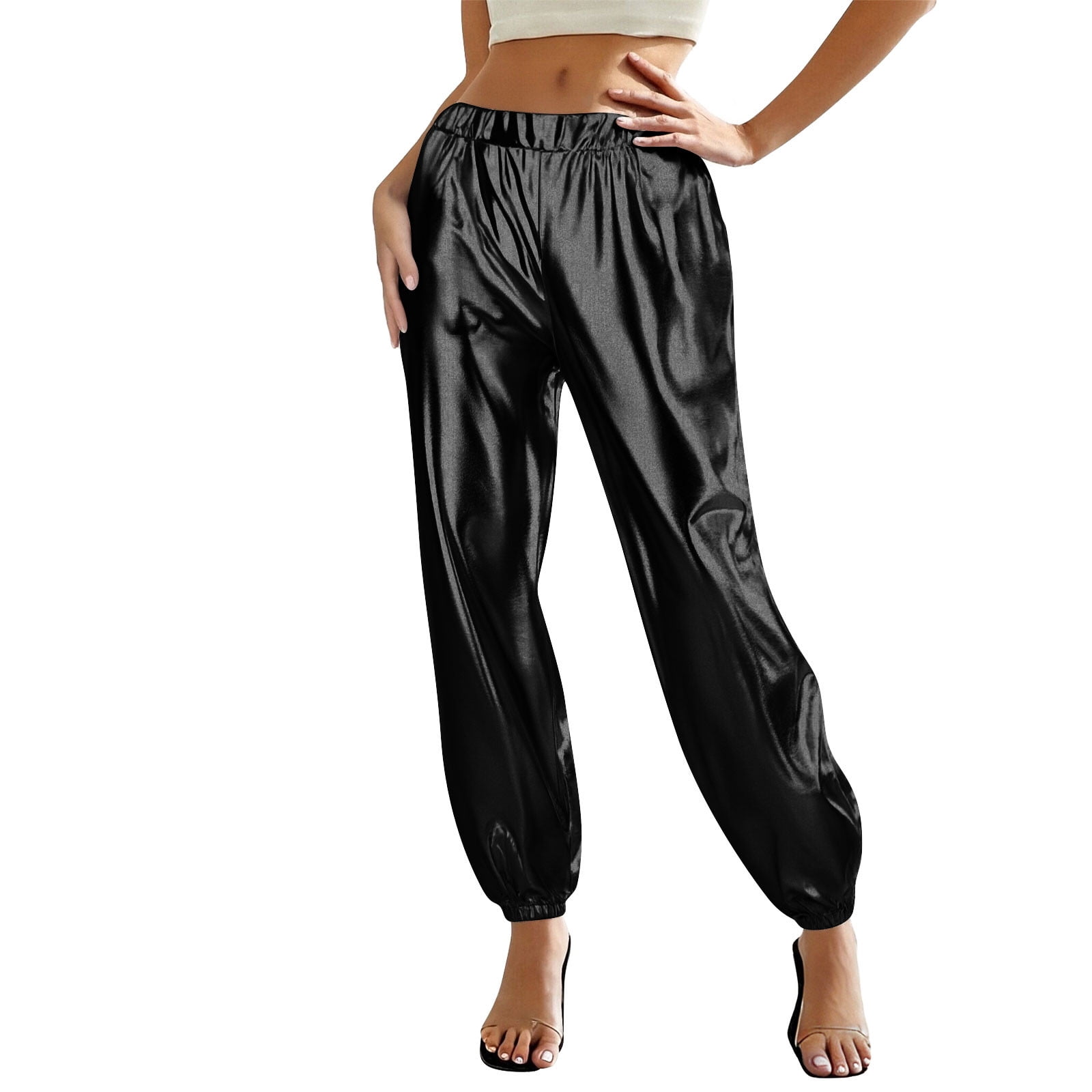 Avrnliq Womens High Waist Metallic Satin Joggers, Black Shiny Harem ...