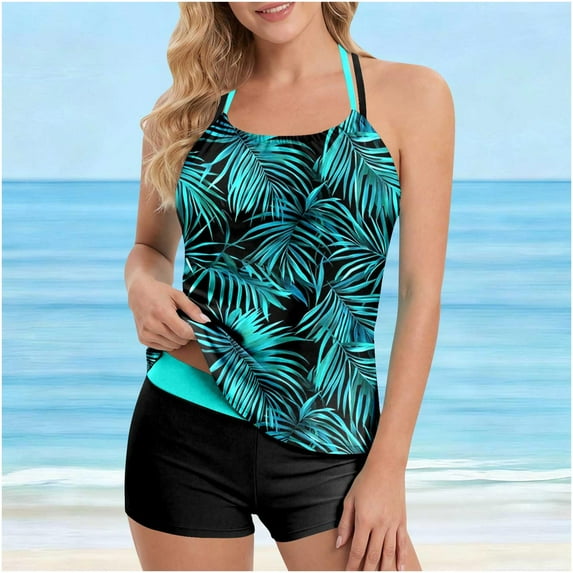 Avrnliq Womens Modest Two Piece Swimsuit Set, Tropical Turquoise Palm ...