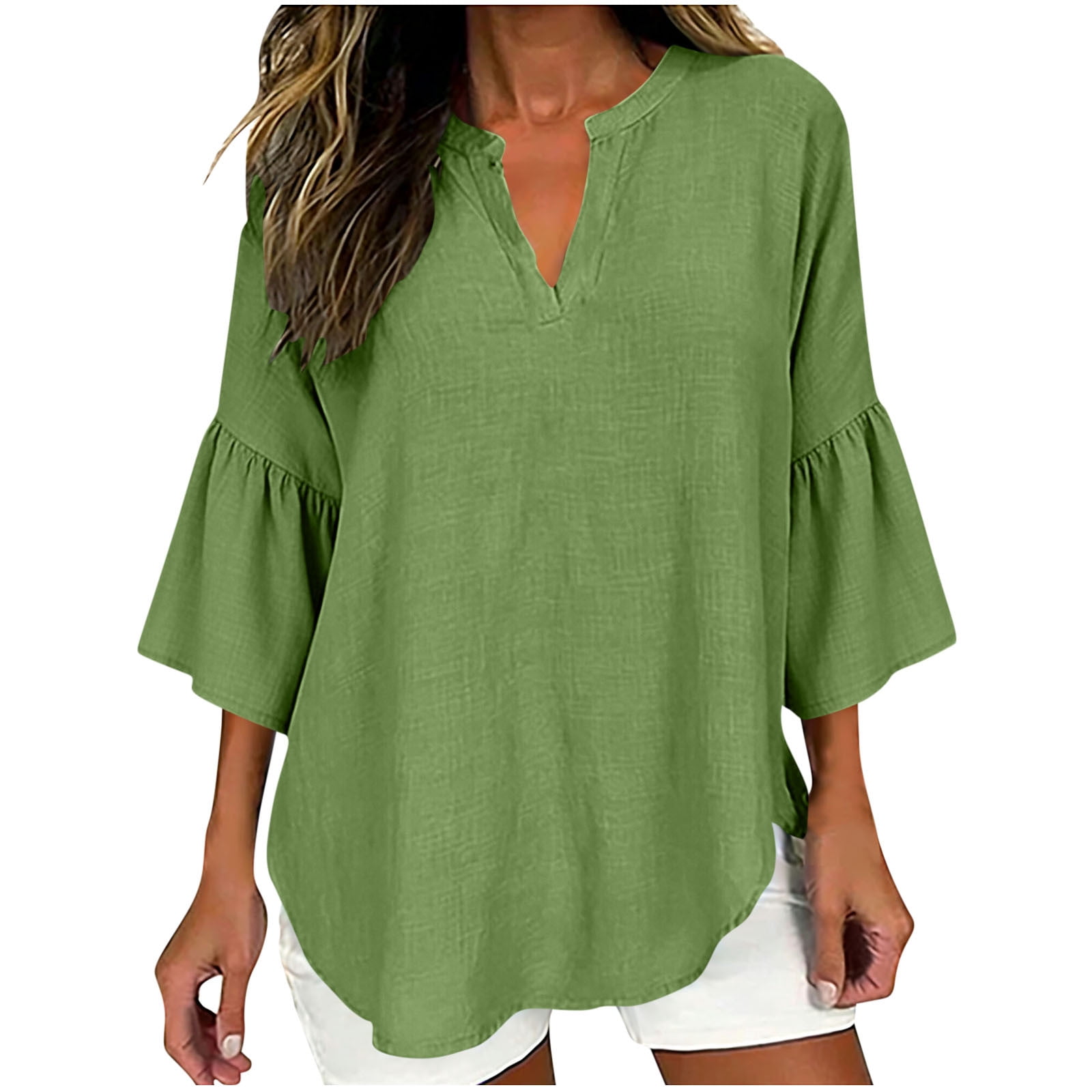 Avrnliq Womens Olive Green Linen Blend Top Relaxed Fit Bell Sleeve ...