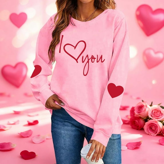 Avrnliq Womens Pink I Love You Sweatshirt Oversized Casual Valentine's ...