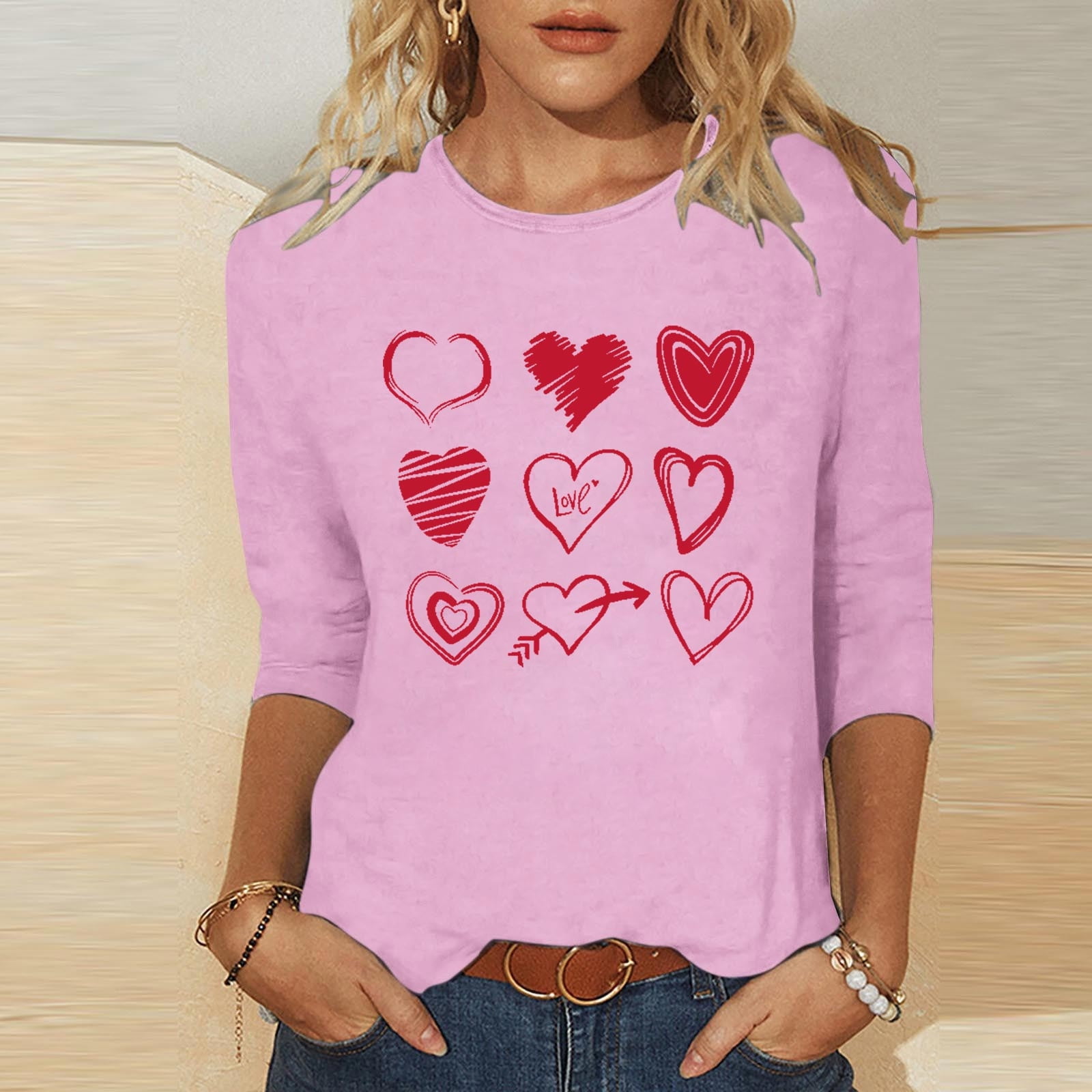 Avrnliq Womens Pink Valentine's Day Heart Print Casual Top, Romantic ...