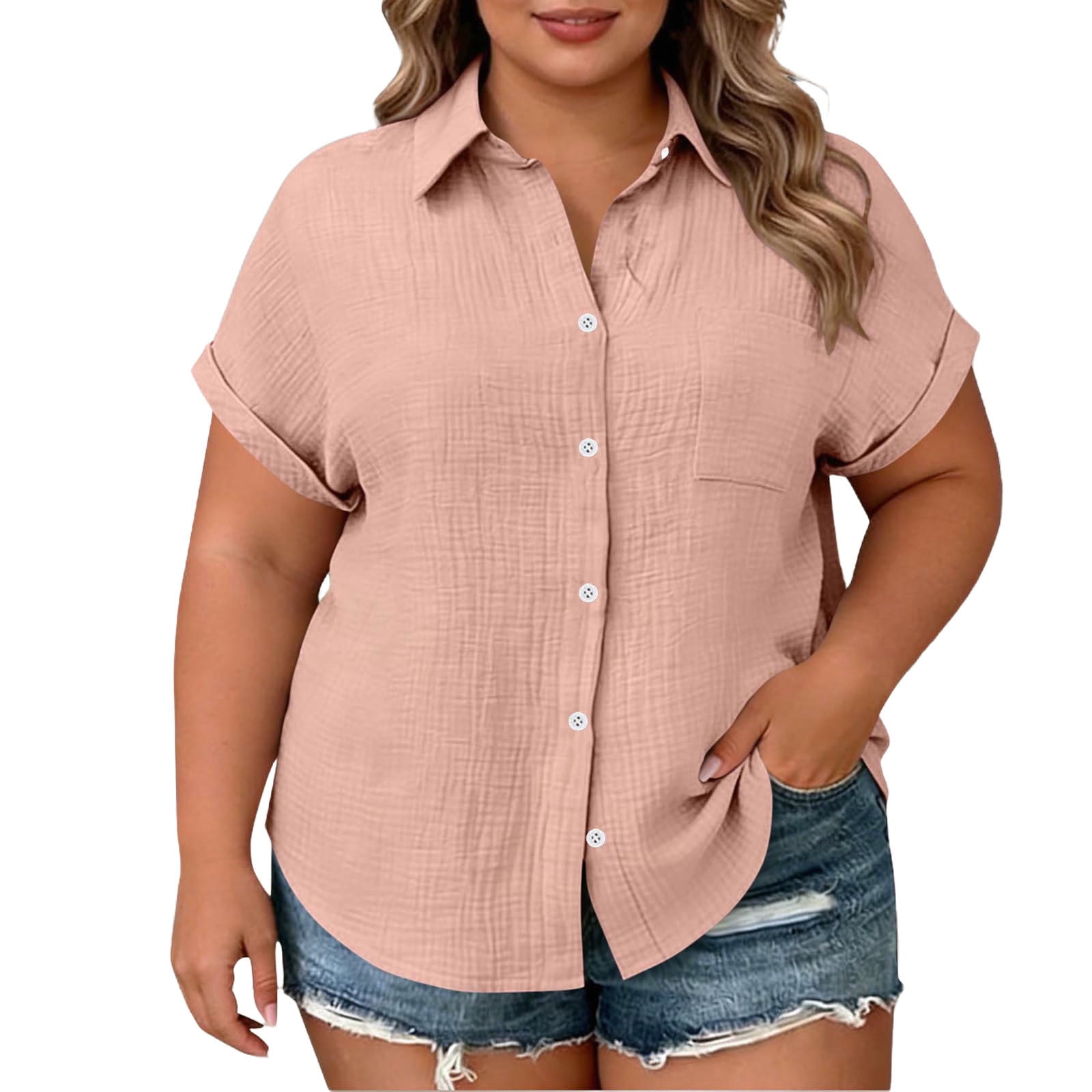 Avrnliq Womens Plus Size Pink Short Sleeve Button Front Shirt, Relaxed ...