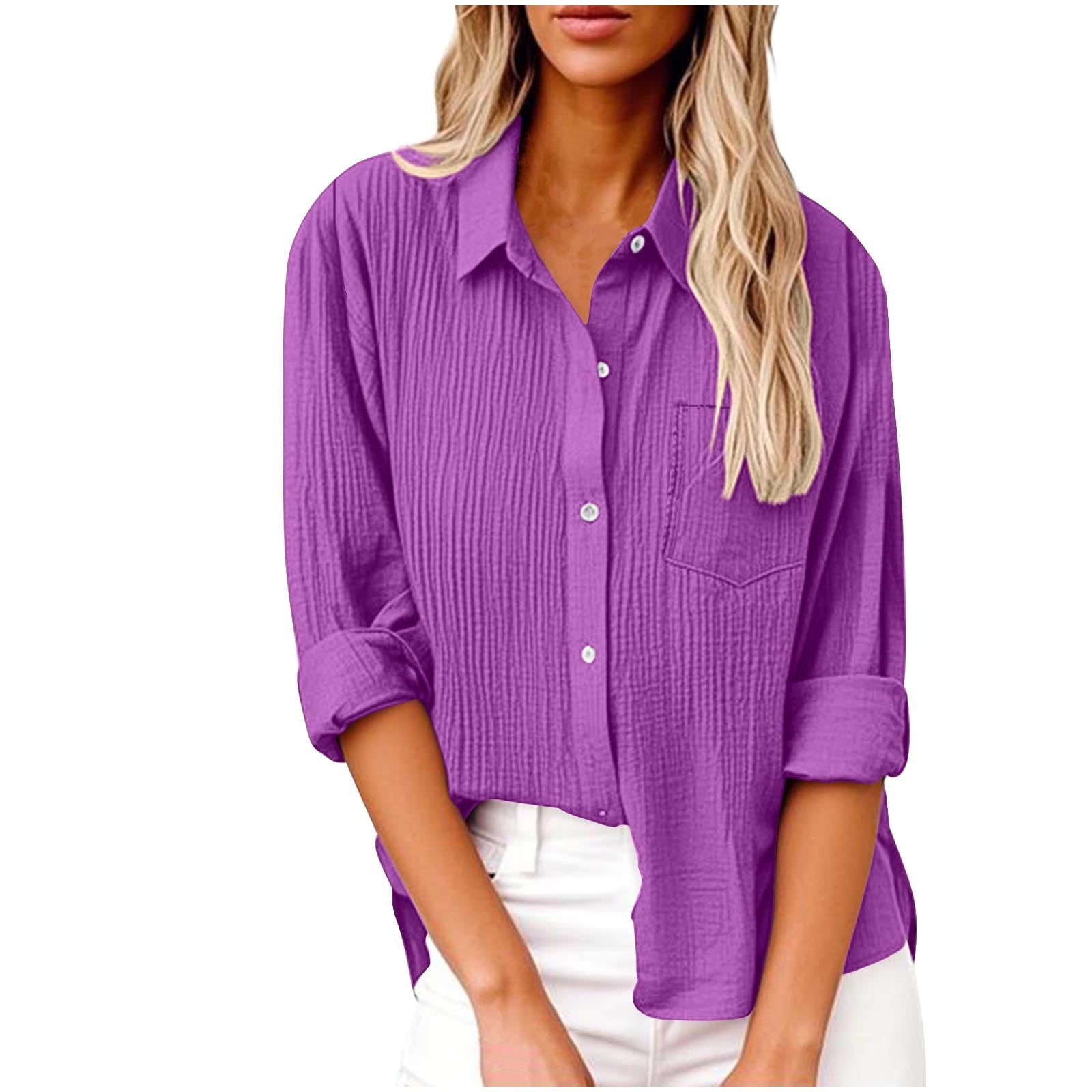 Avrnliq Womens Purple Cotton Button Down Shirt, Relaxed Fit Long Sleeve ...