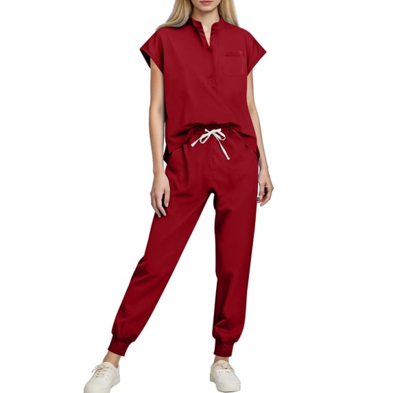 Avrnliq Womens Red Cap-Sleeve Scrub Top - with Chest Pocket for Nurses ...
