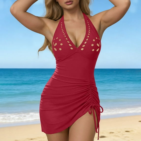 Avrnliq Womens Red Cutout Ruched Halter Neck Swim Dress with Adjustable ...