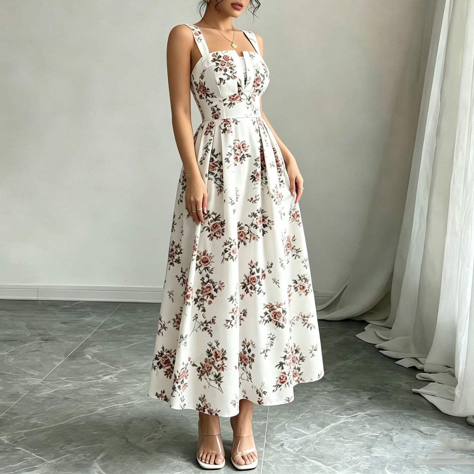 Avrnliq Womens Red Floral Maxi Dress Square Neck Sleeveless A-Line 4 ...