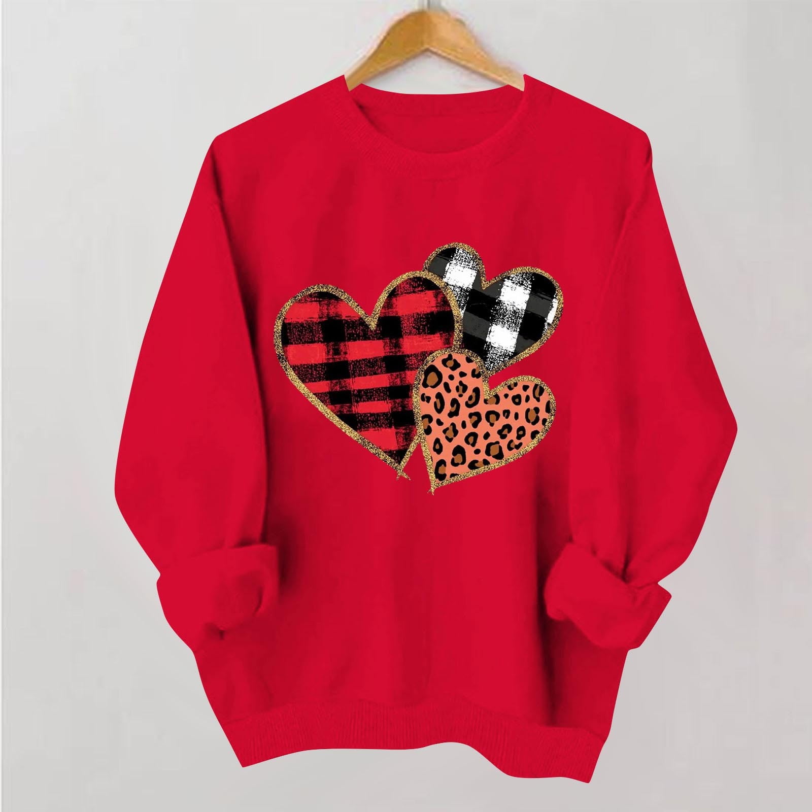 Avrnliq Womens Red Heart Print Sweatshirt, Casual Crew Neck Long Sleeve ...