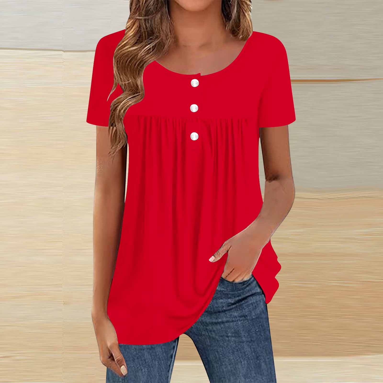 Avrnliq Womens Red Henley Tunic Top, Empire Waist Short Sleeve Flowy ...