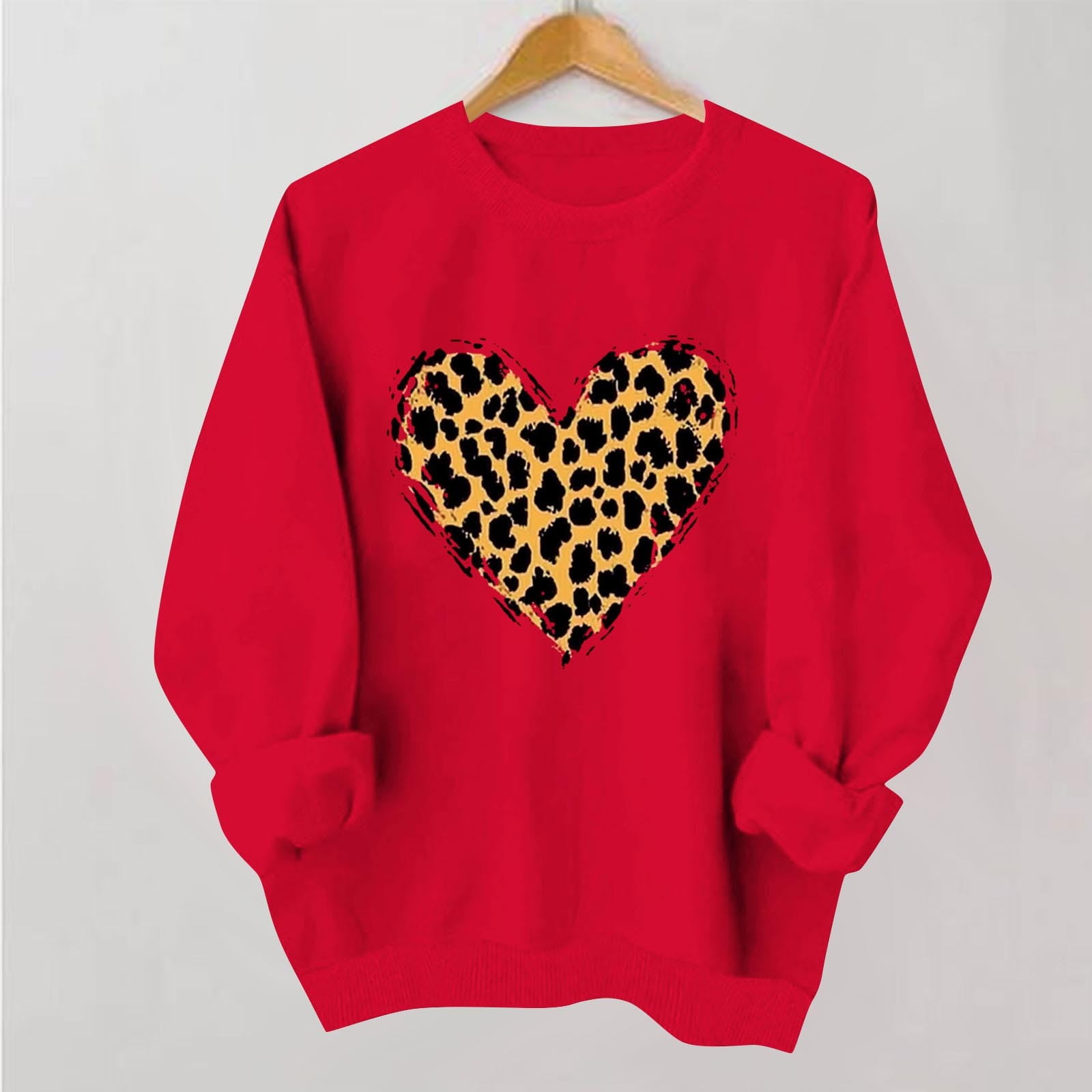 Avrnliq Womens Red Leopard Print Heart Crewneck Sweatshirt, Relaxed Fit ...