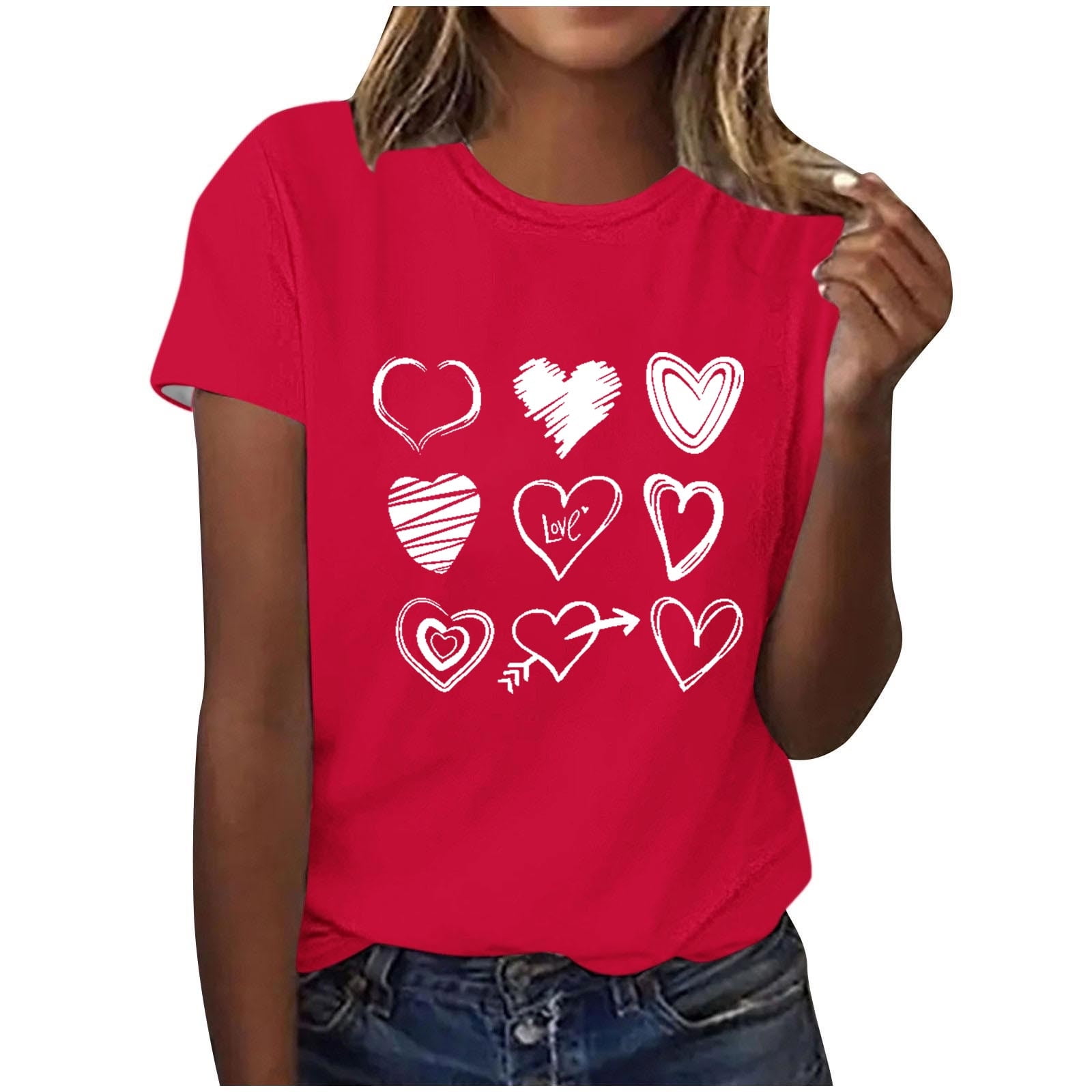 Avrnliq Womens Red Valentine's Day Heart Graphic Shirt Casual Short ...