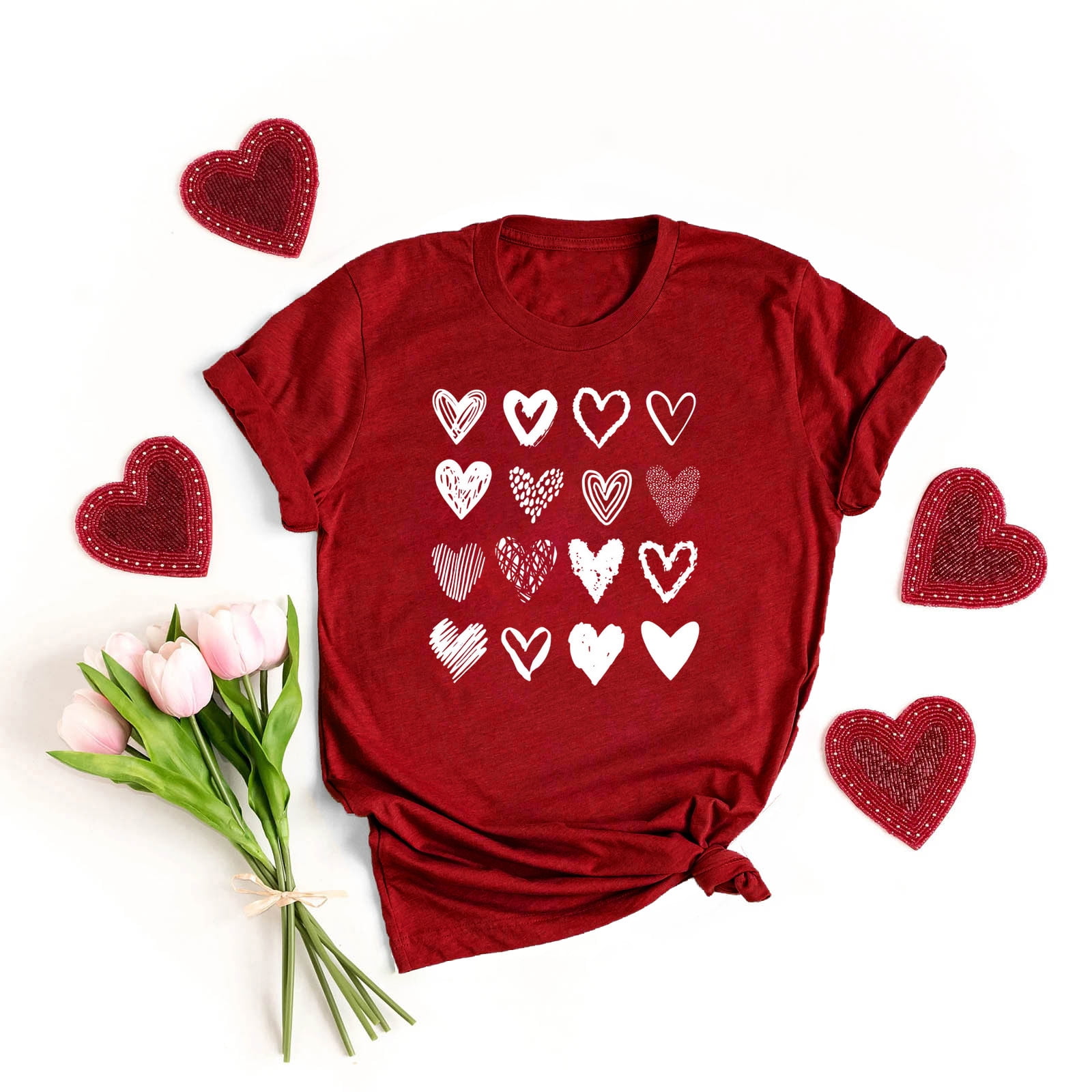 Avrnliq Womens Red Valentine's Day Heart Graphic Top Casual Love Print ...