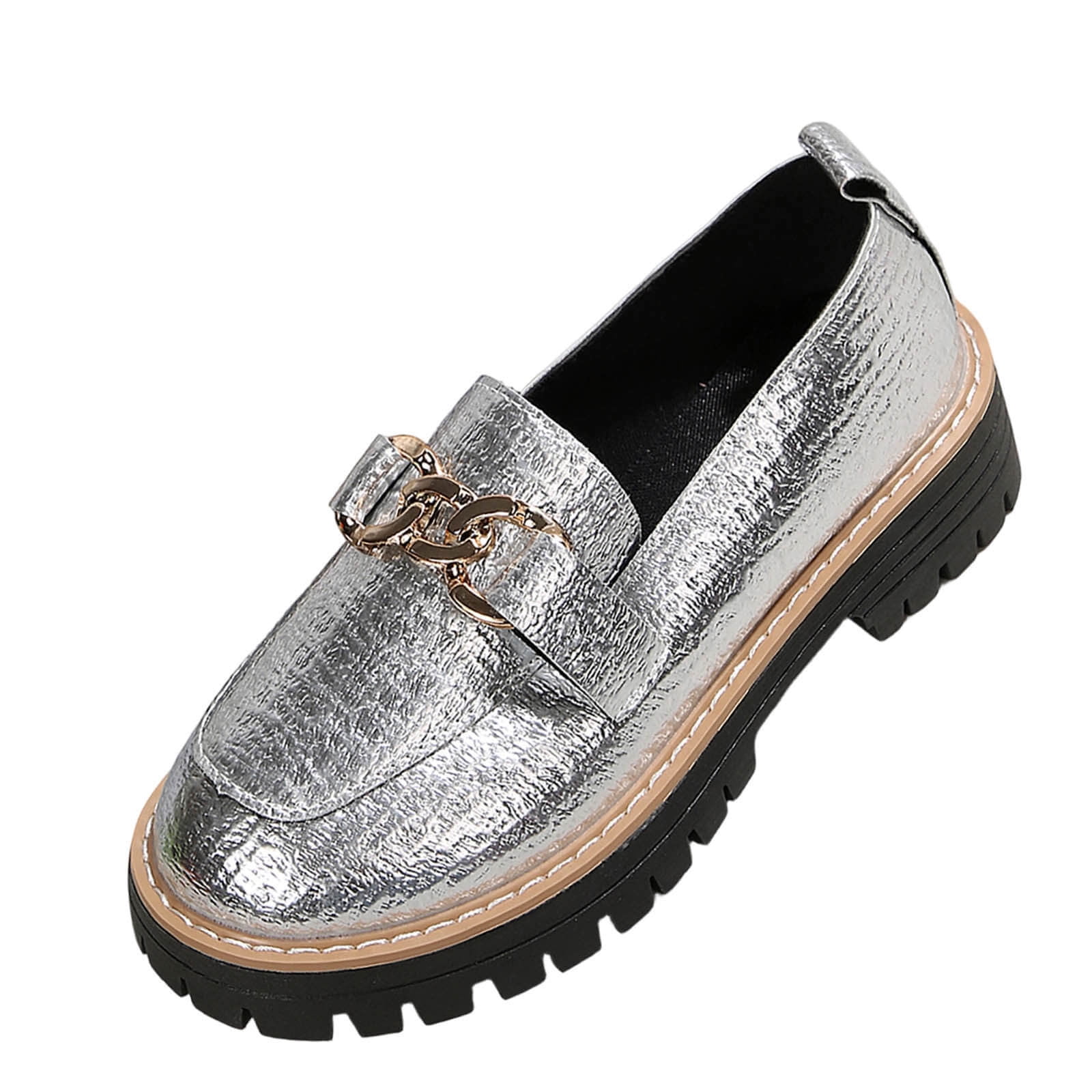 Avrnliq Womens Silver Metallic Platform Loafers Chunky Sole Slip On ...
