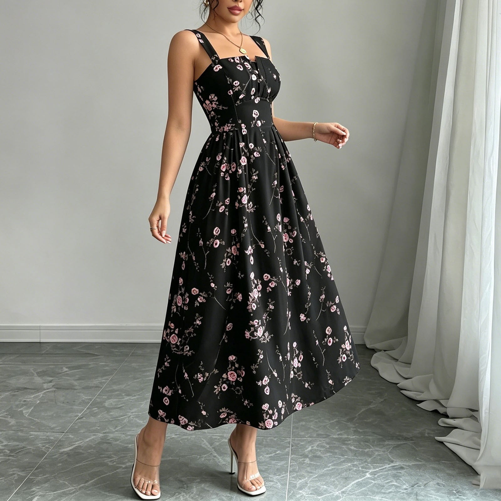 Avrnliq Womens Square Neck A Line Floral Midi Dress Black with Pink ...